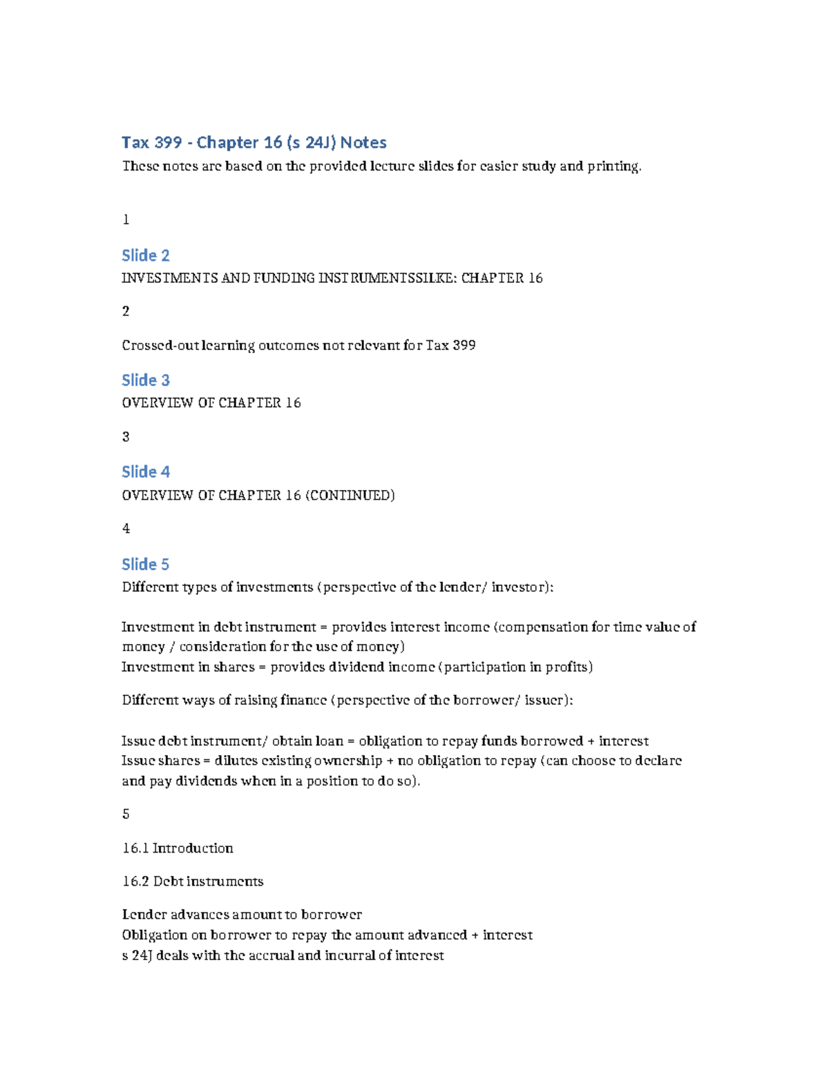 Tax 399 Chapter 16: Investments & Funding Instruments Notes - Studocu