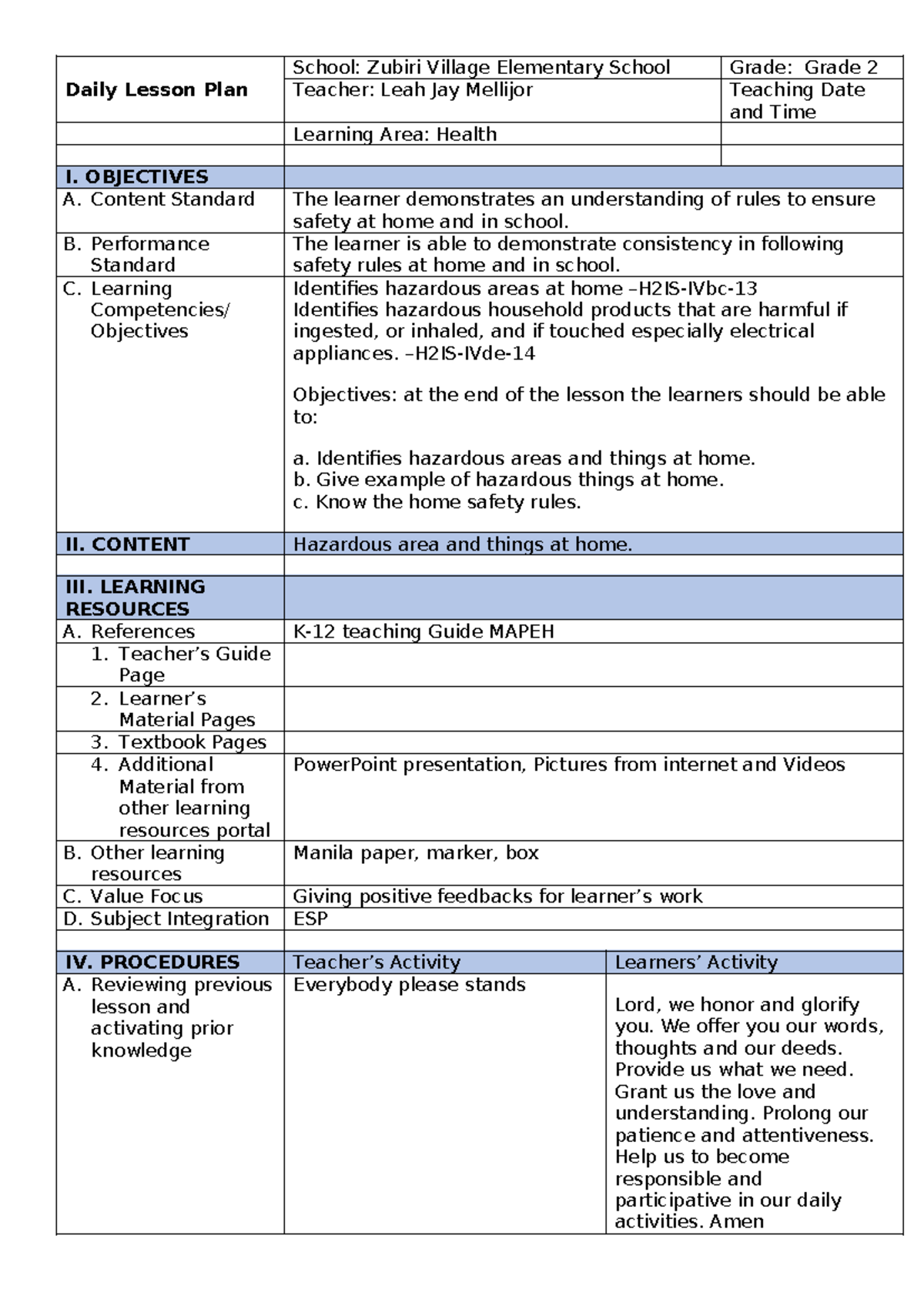 Health 2 - Daily Lesson Plan on Home Safety and Hazards - Studocu