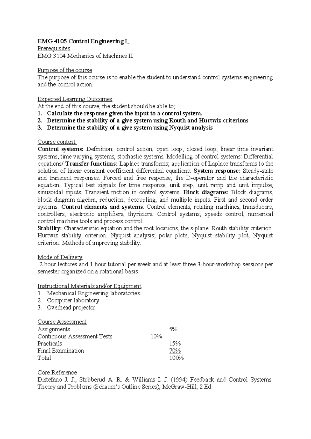 EMG 4105 Control Engineering I: Course Overview and Key Concepts - Studocu
