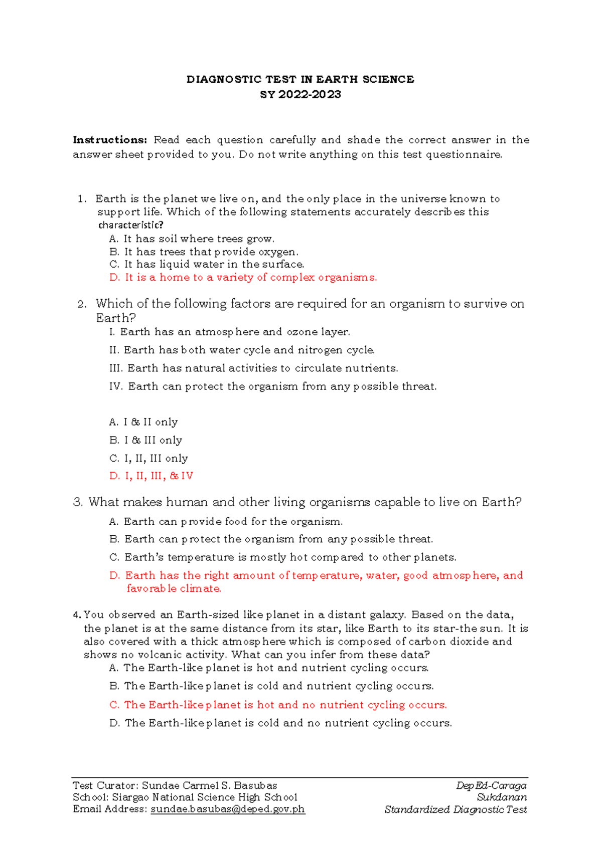 Diagnostic Test Answer Keys for Earth & Life Science (SY 2022) - Studocu