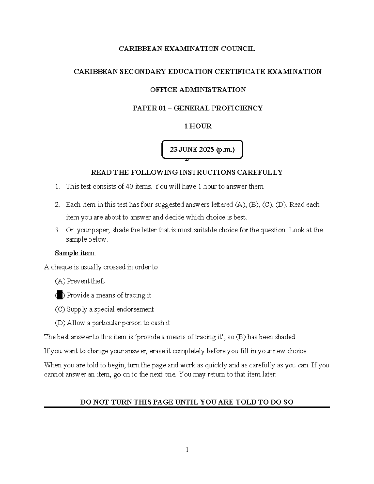 2025 CSEC Office Administration Exam Paper 01 MCQs - Studocu