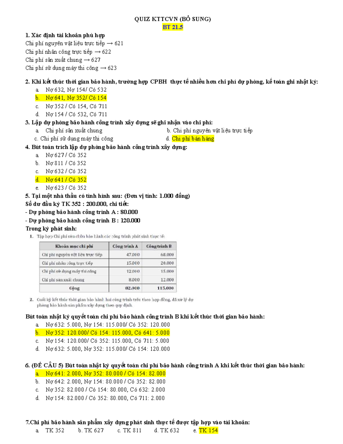 QUIZ KTTCVN (BỔ SUNG) - Chi Phí Bảo Hành và Kế Toán Xây Dựng - Studocu