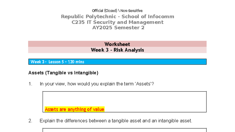 C235 IT Security & Management AY2025 Sem 2 Week 3 Risk Analysis ...