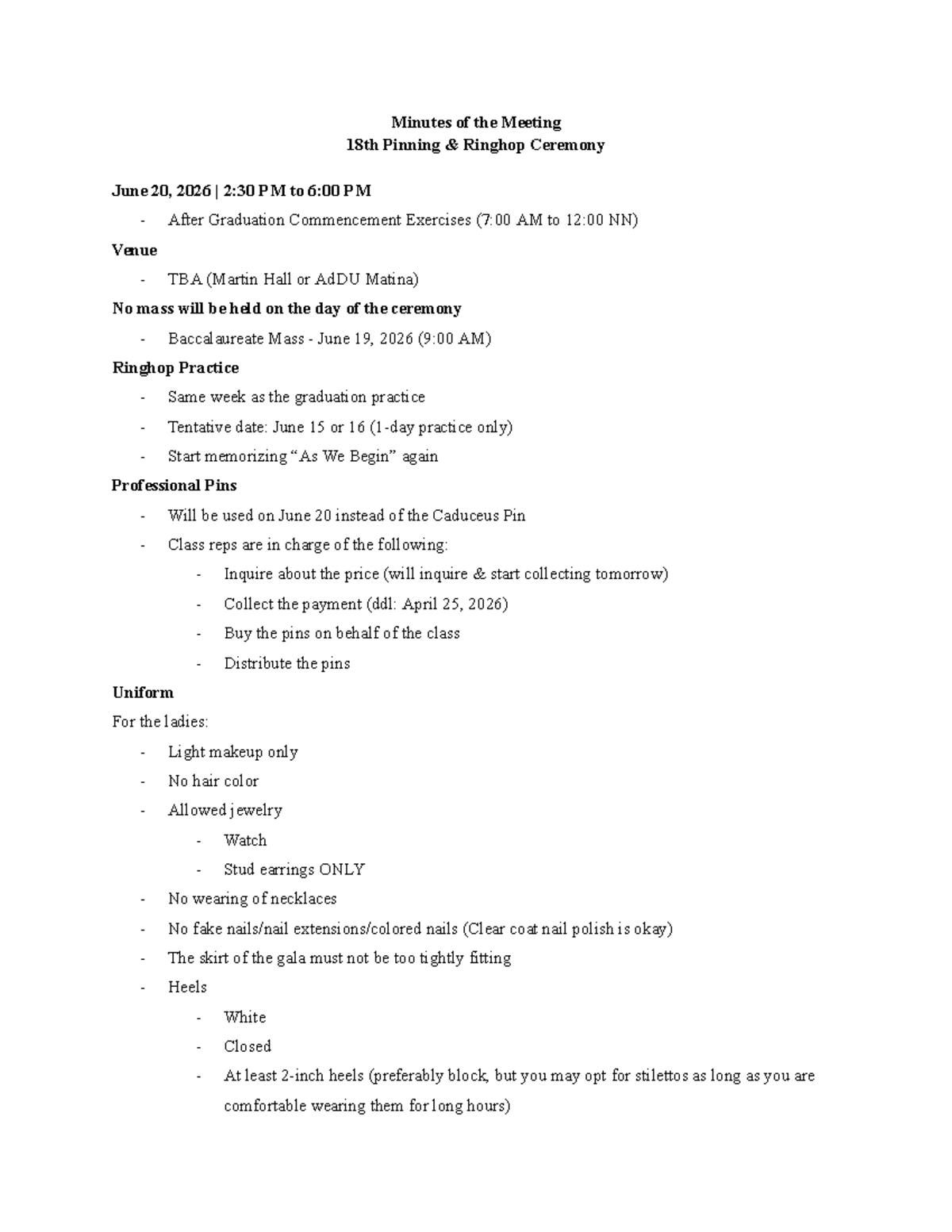 BSN-4C Minutes of the 18th Pinning Ringhop Ceremony Meeting - Studocu