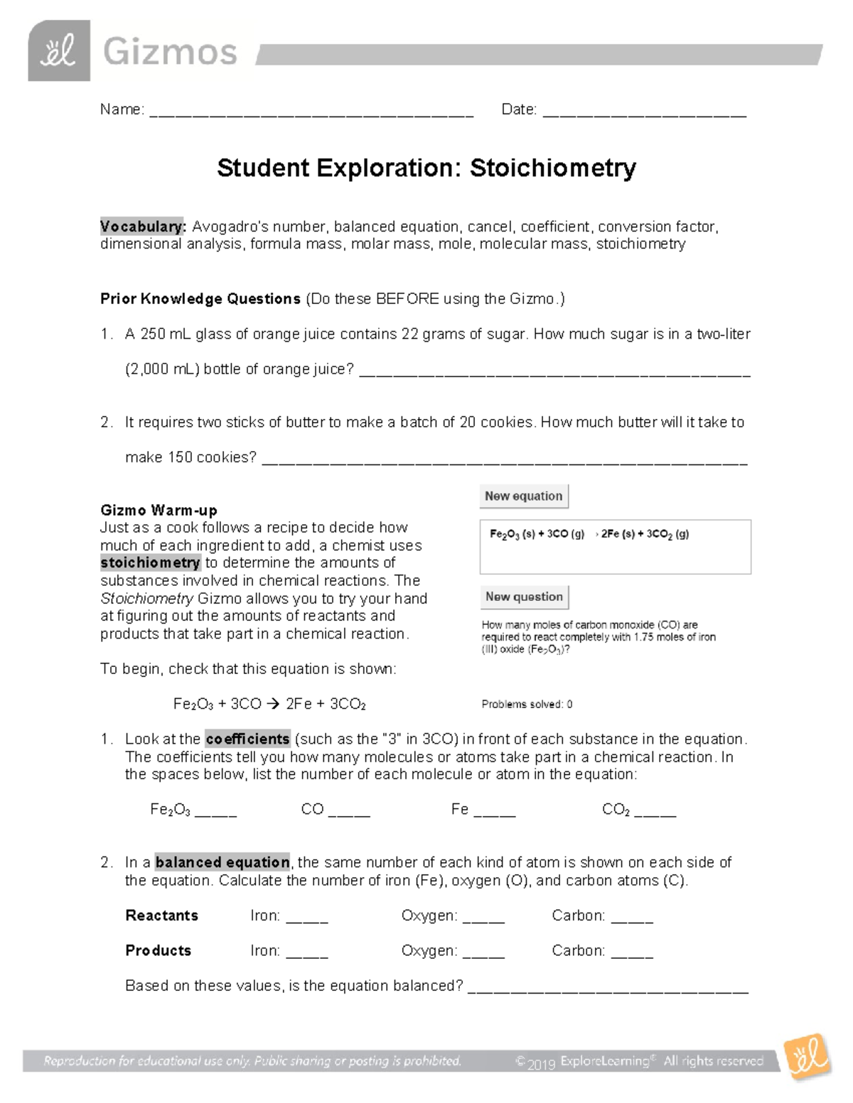 Stoichiometry SE - Gizmo Exploration and Practice - Studocu