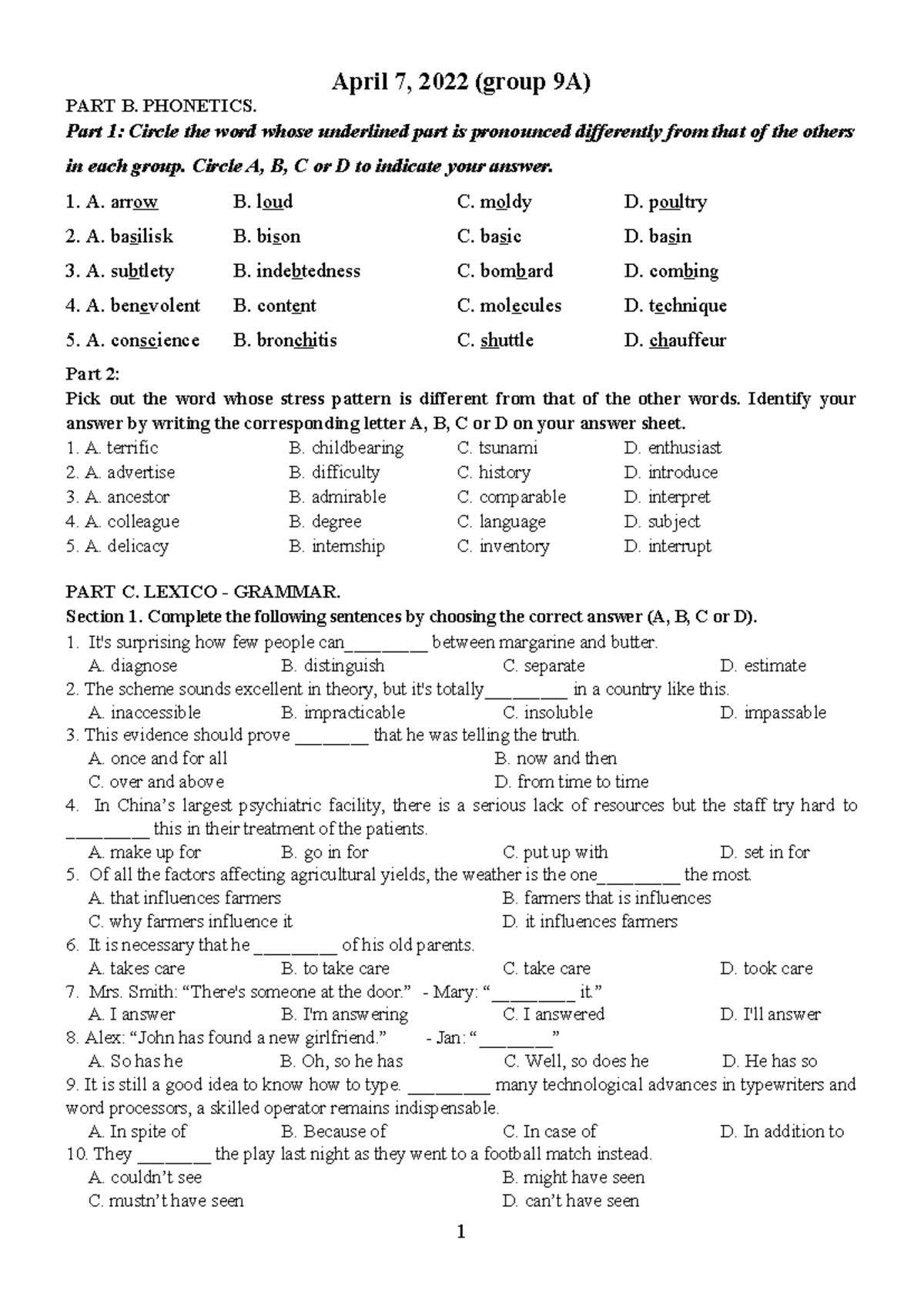 Phonetics & Lexico Grammar Practice - Course Code: 9A - Studocu