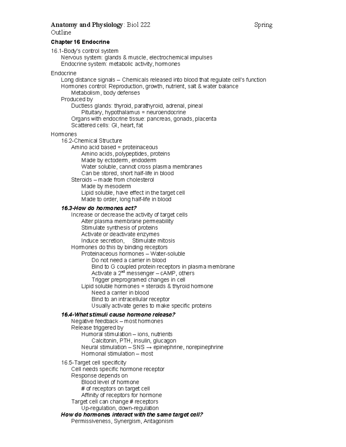 Biol 222 Spring: Chapter 16 Endocrine System Outline - Studocu