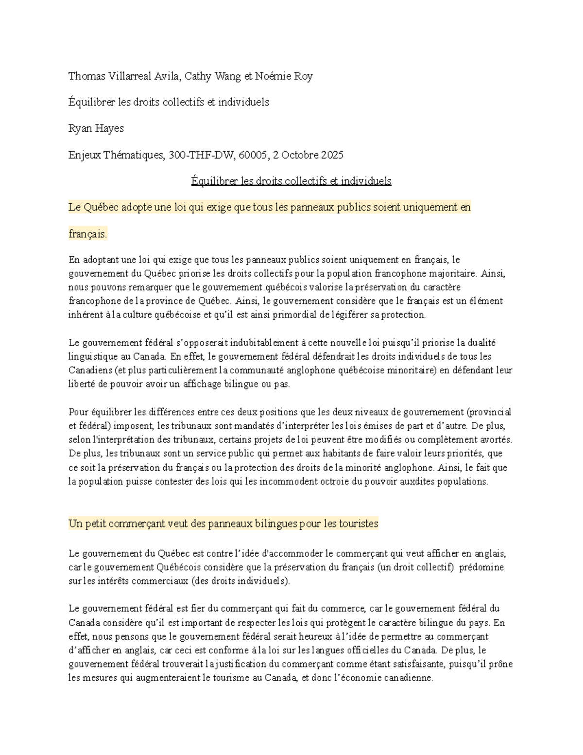Équilibrer les droits collectifs et individuels au Québec - THM 2025 ...