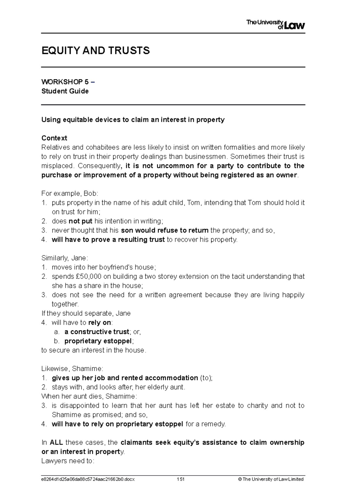 Equity and Trusts Workshop 5: Property Claims and Equitable Remedies ...