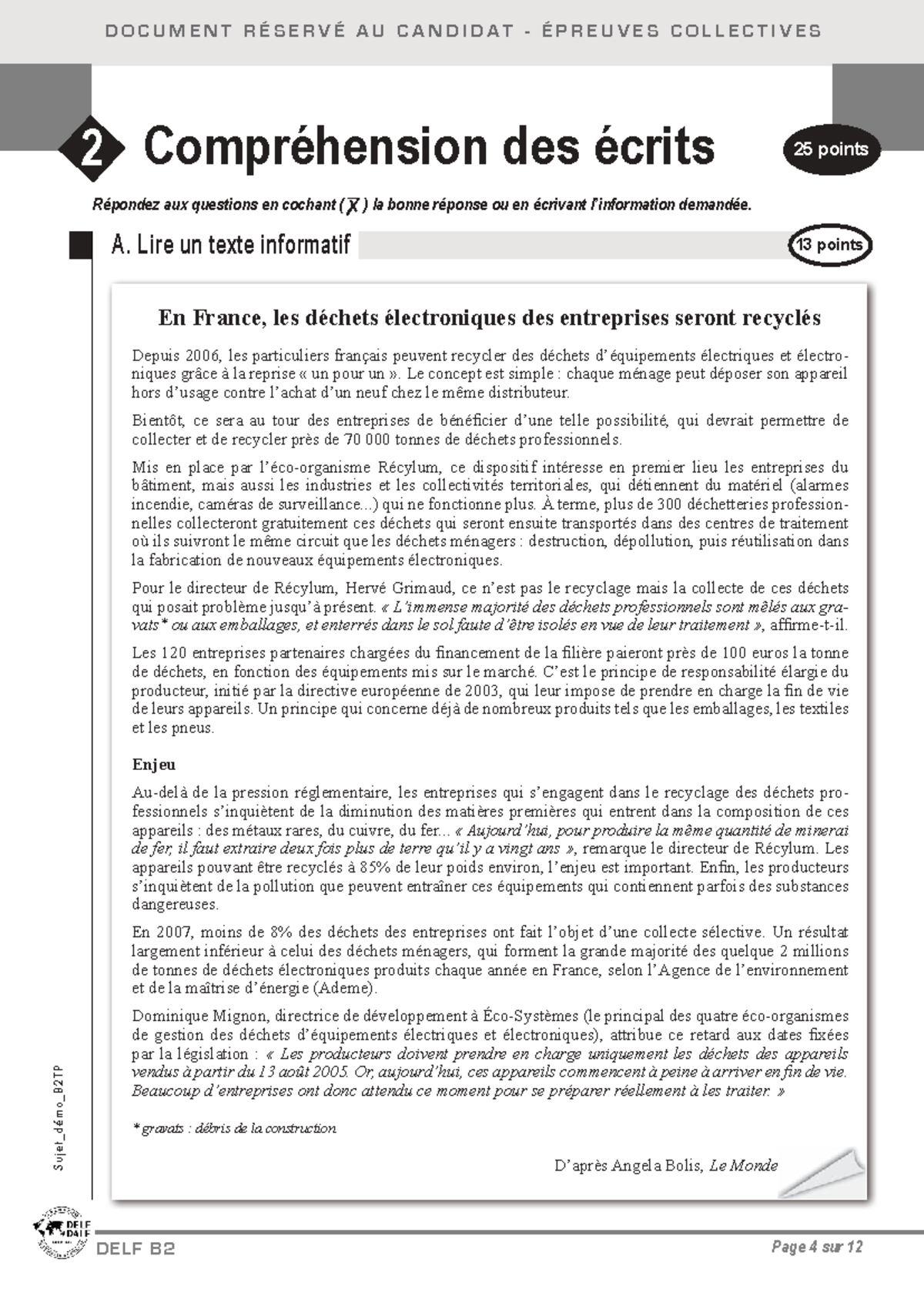 DELF B2 ÉPREUVES COLLECTIVES 2 - Compréhension des écrits - Studocu