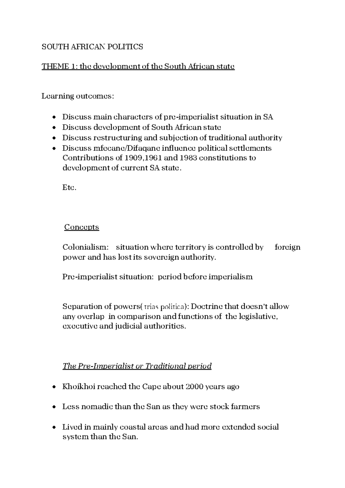 SOUTH AFRICAN POLITICS: Development of the State (Study Unit 1 & 2 ...