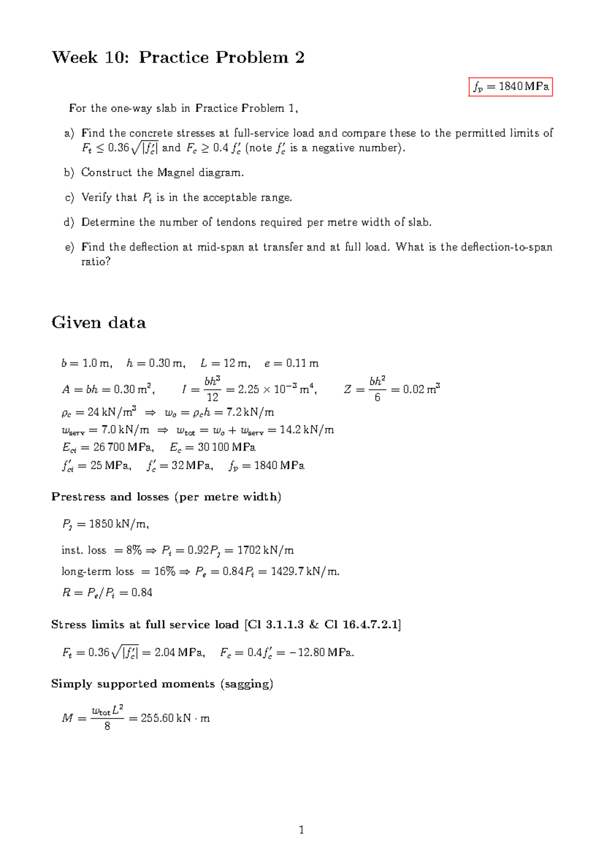 PT Practice Problem 2: Concrete Stresses and Magnel Diagram Analysis ...