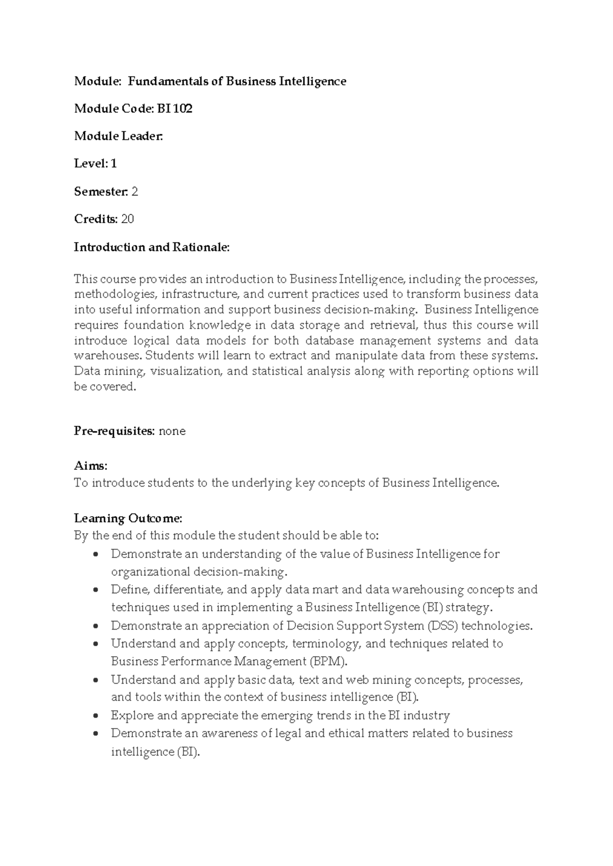 BI 102: Fundamentals of Business Intelligence Module Outline - Studocu