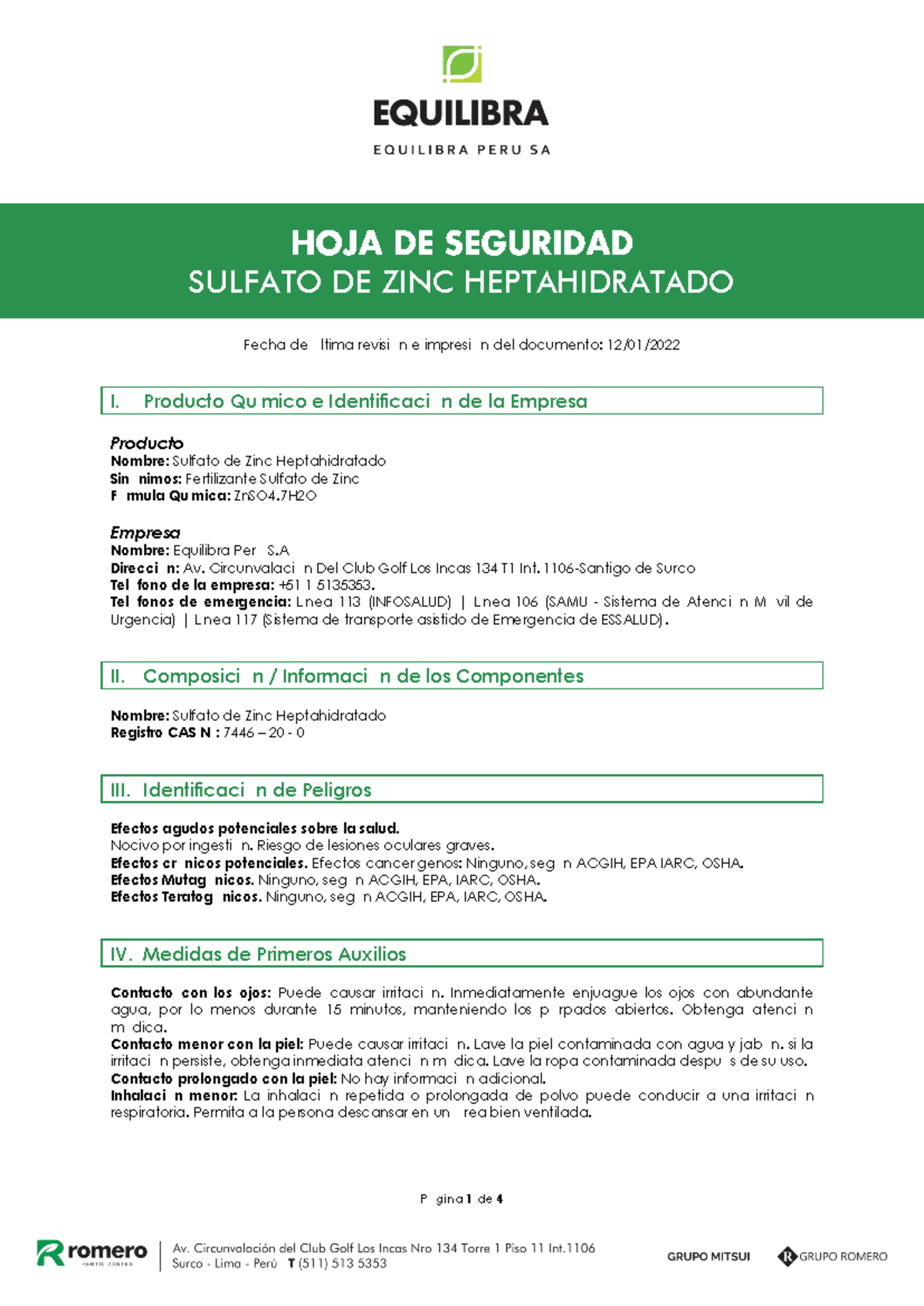 MSDS - Sulfato de Zinc Heptahidratado (ZnSO4.7H2O) - Studocu