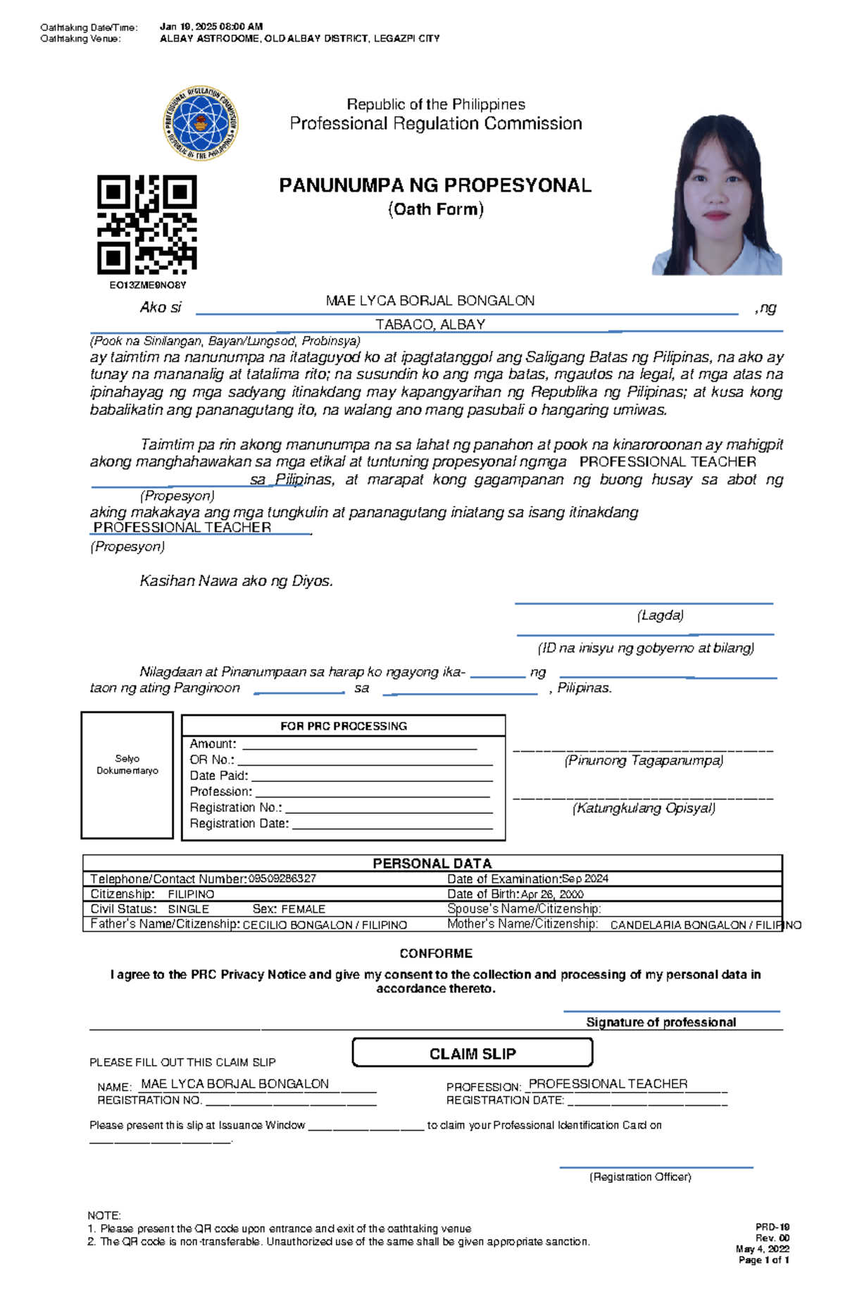 Oath Form for Professional Teacher (PRC- 19) - Mae Lyca Borjal Bongalon ...