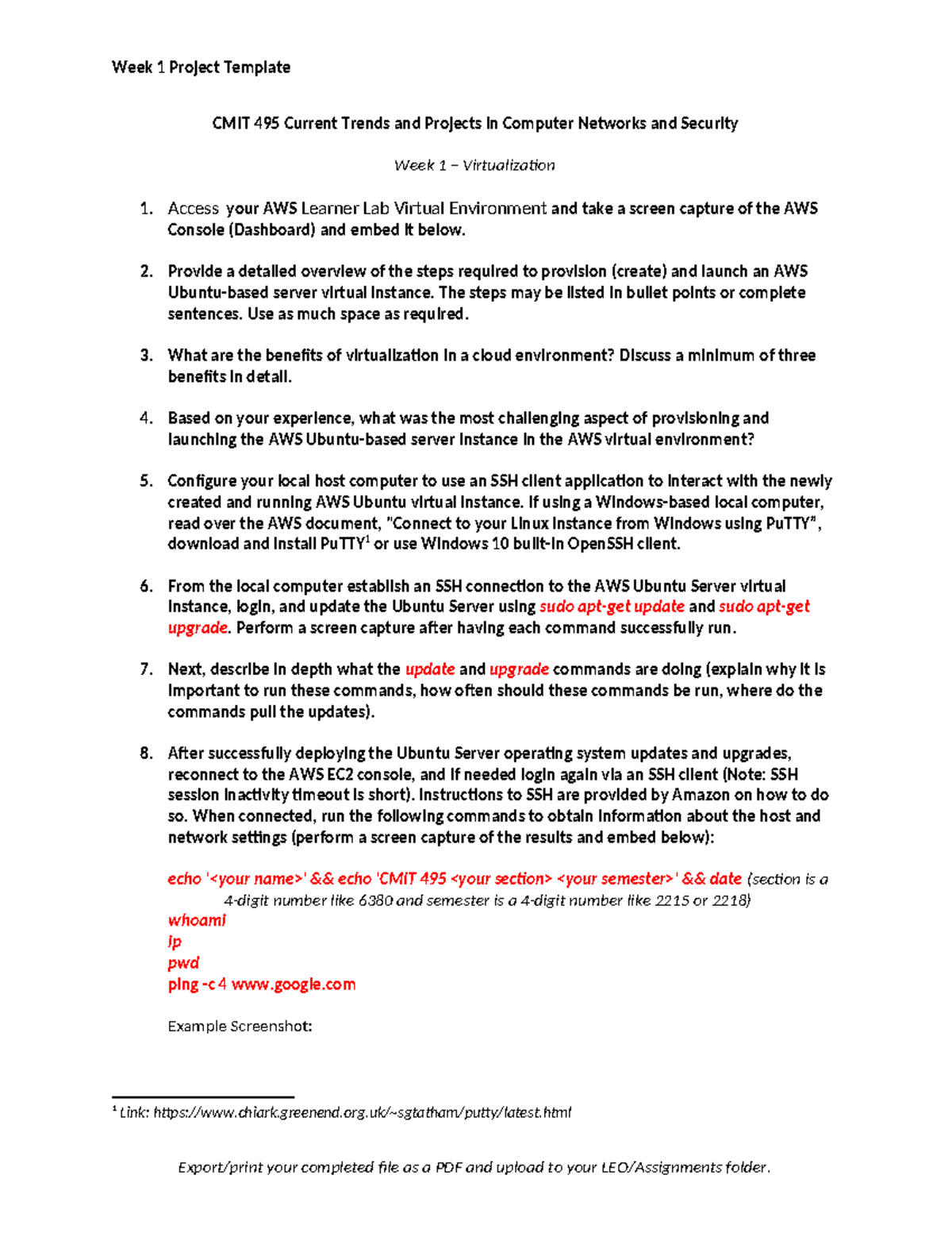 Week 1 Project Template: Virtualization in AWS CMIT 495 - Studocu