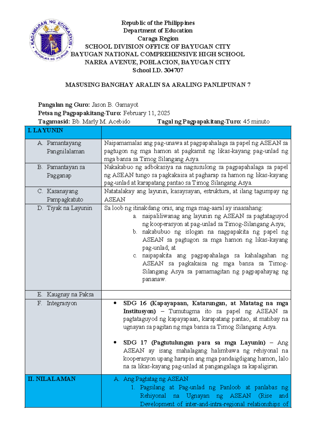 DLP AP 7 Q4 W1 Masusing Banghay Aralin: ASEAN at Likas-Kayang Pag-unlad ...