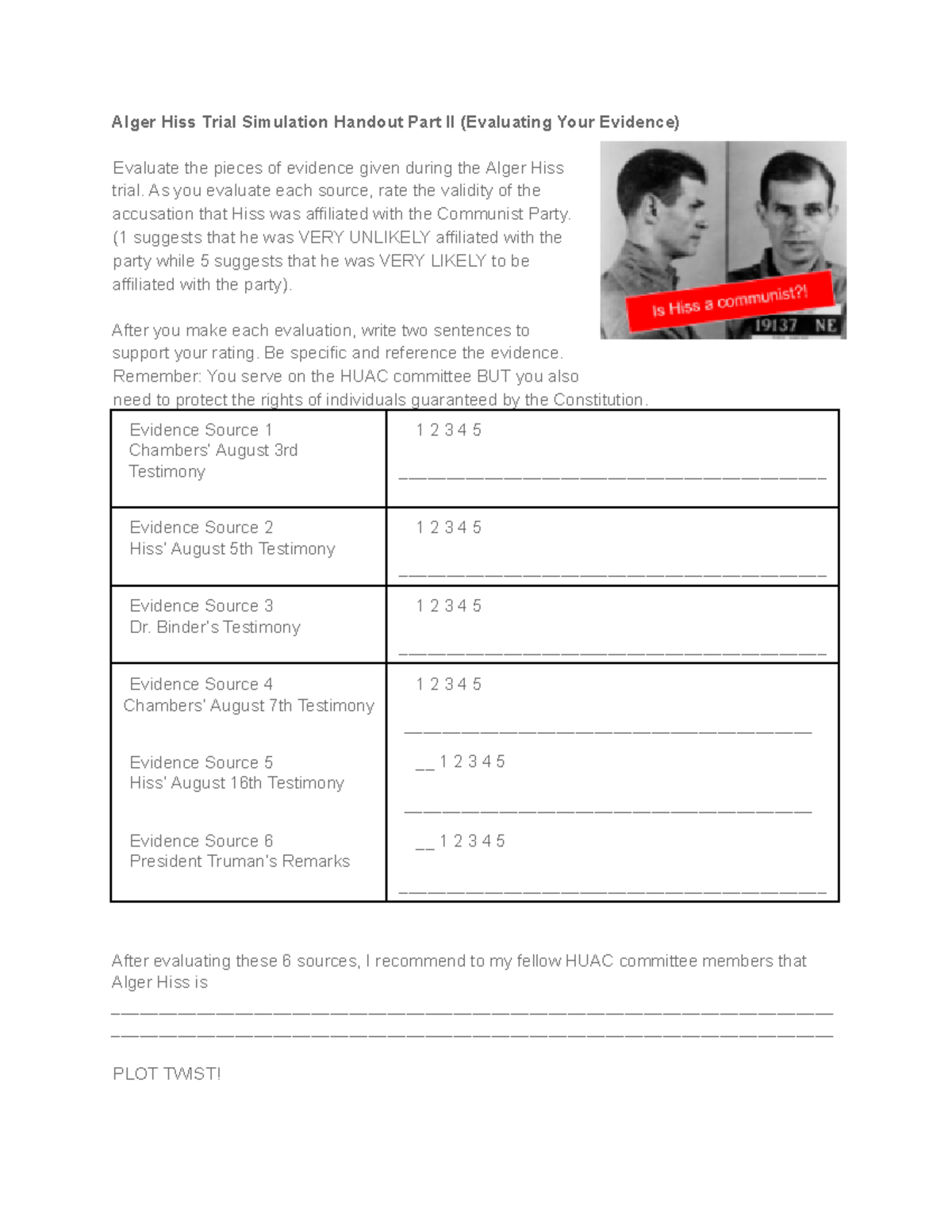 Alger Hiss Trial Simulation Handout II: Evaluating Evidence & Ratings ...