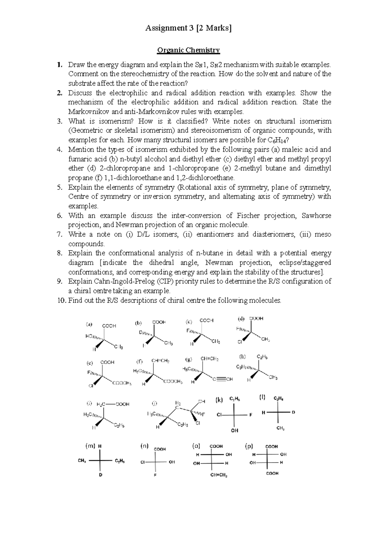 Assignment 3: Organic Chemistry 1 - Mechanisms, Isomerism & Projections ...
