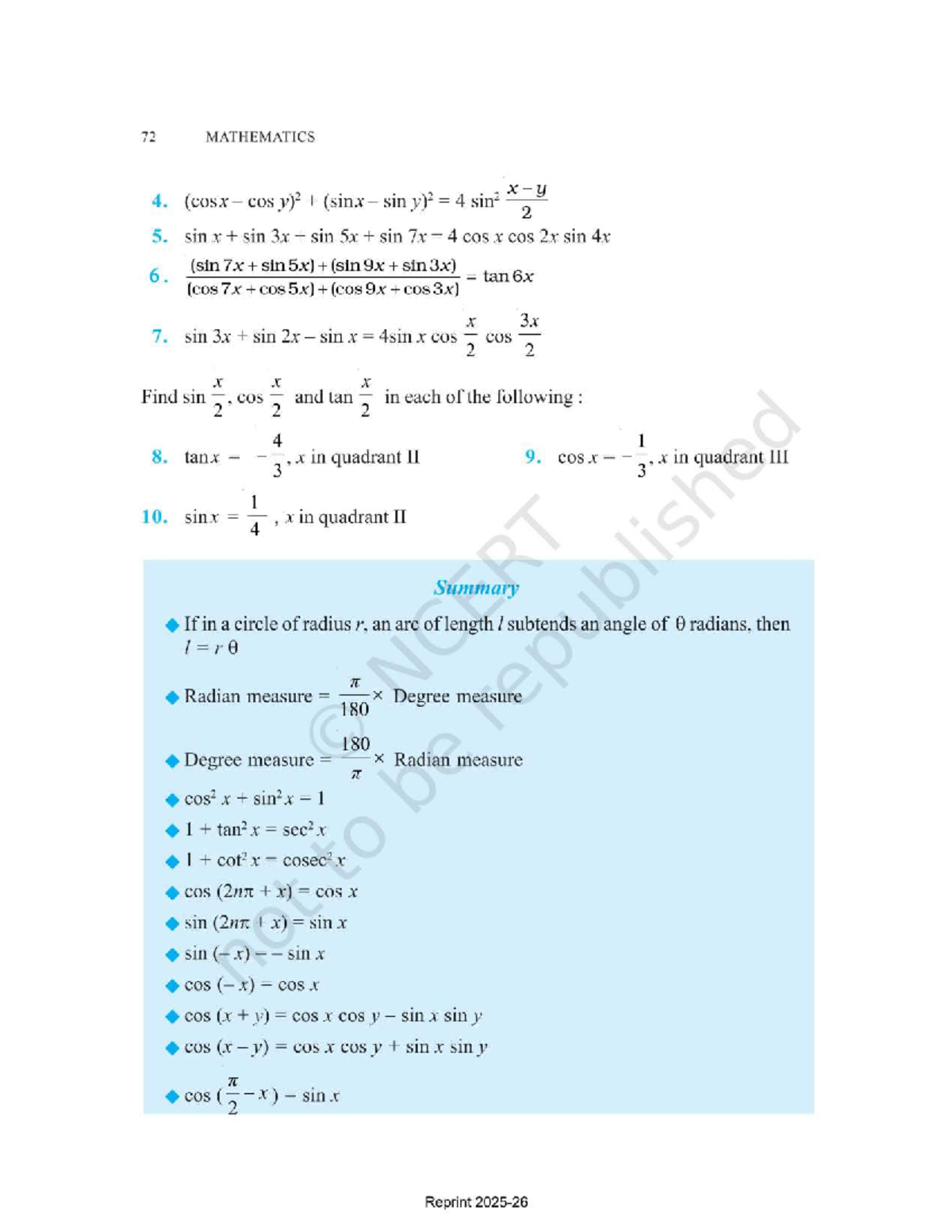 Trigonometry Formulas for Mathematics 72: Key Concepts and Identities ...