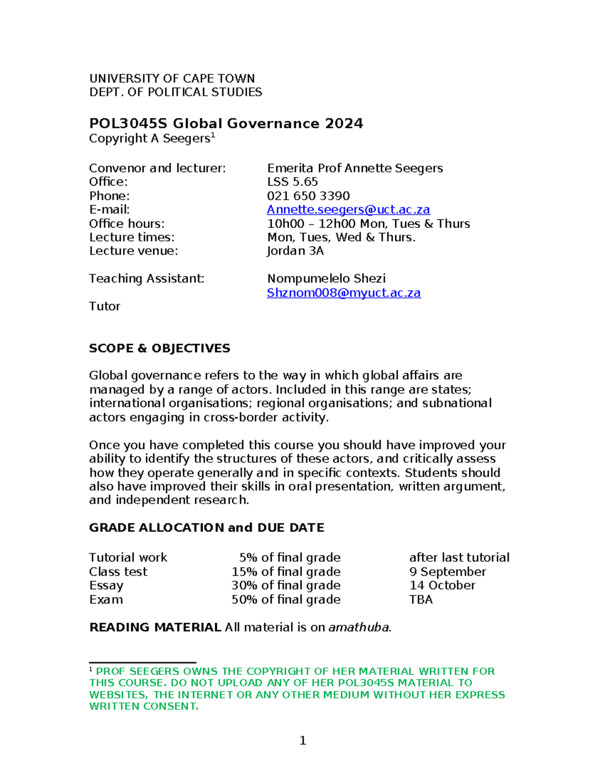 POL3045S Global Governance Course Outline for 2024 - Studocu