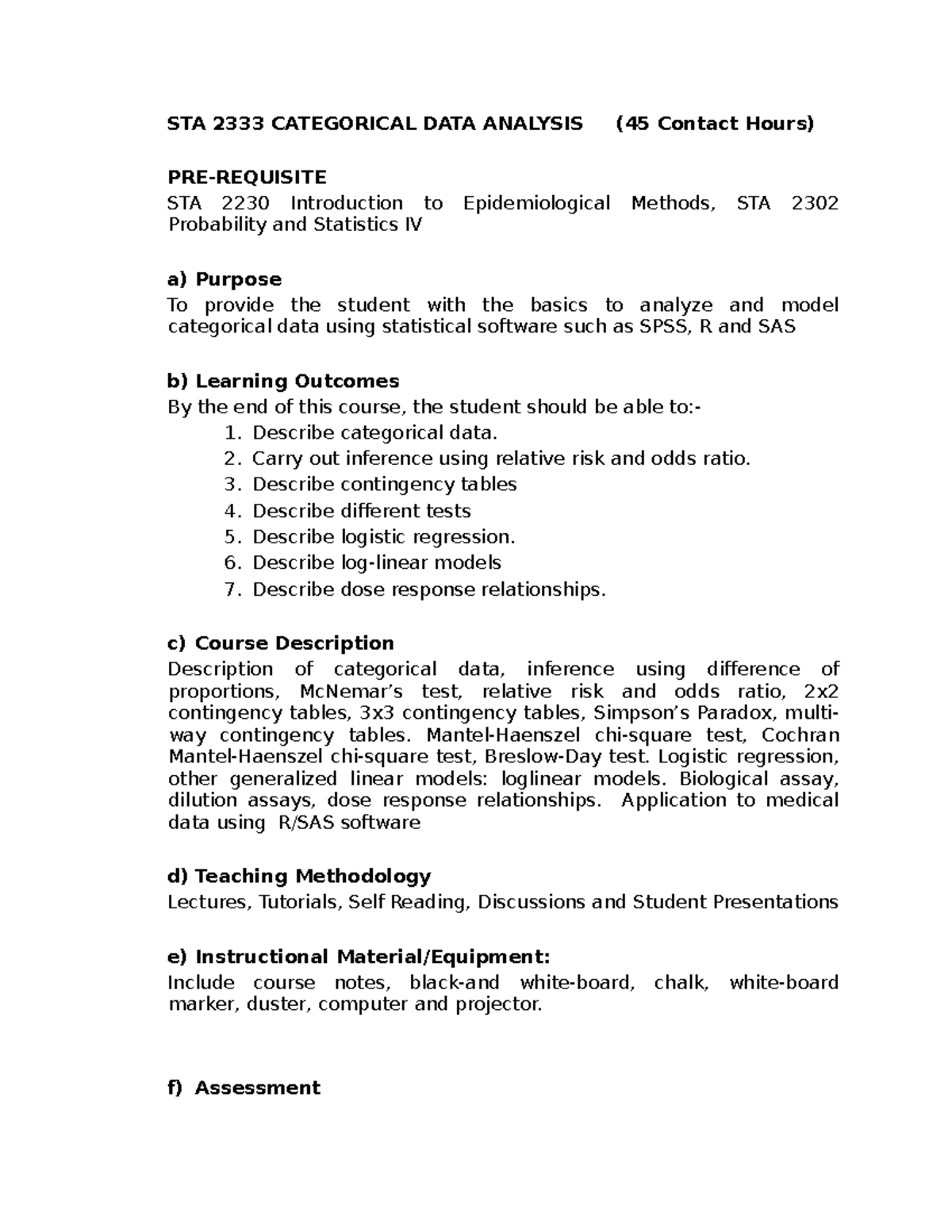 STA 2333 Categorical Data Analysis Course Outline and Description - Studocu