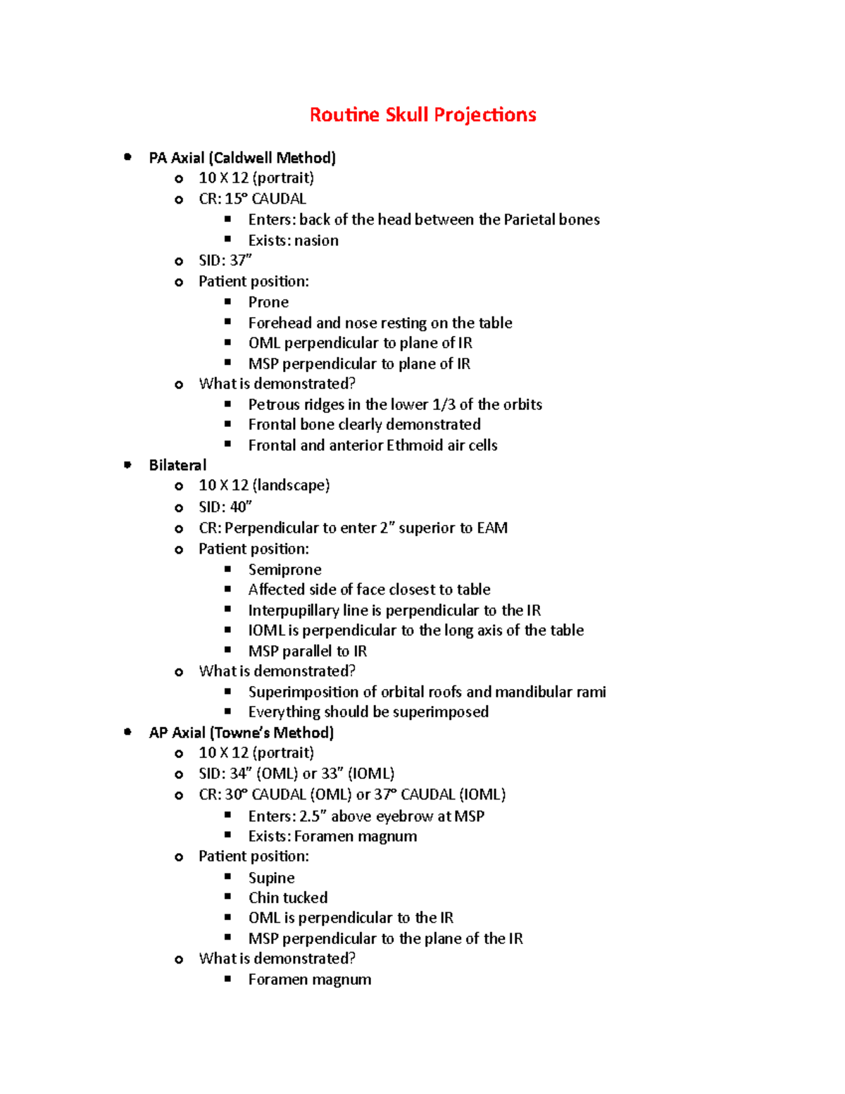 Skull Projections Summary for Radiography: Key Techniques and Methods ...