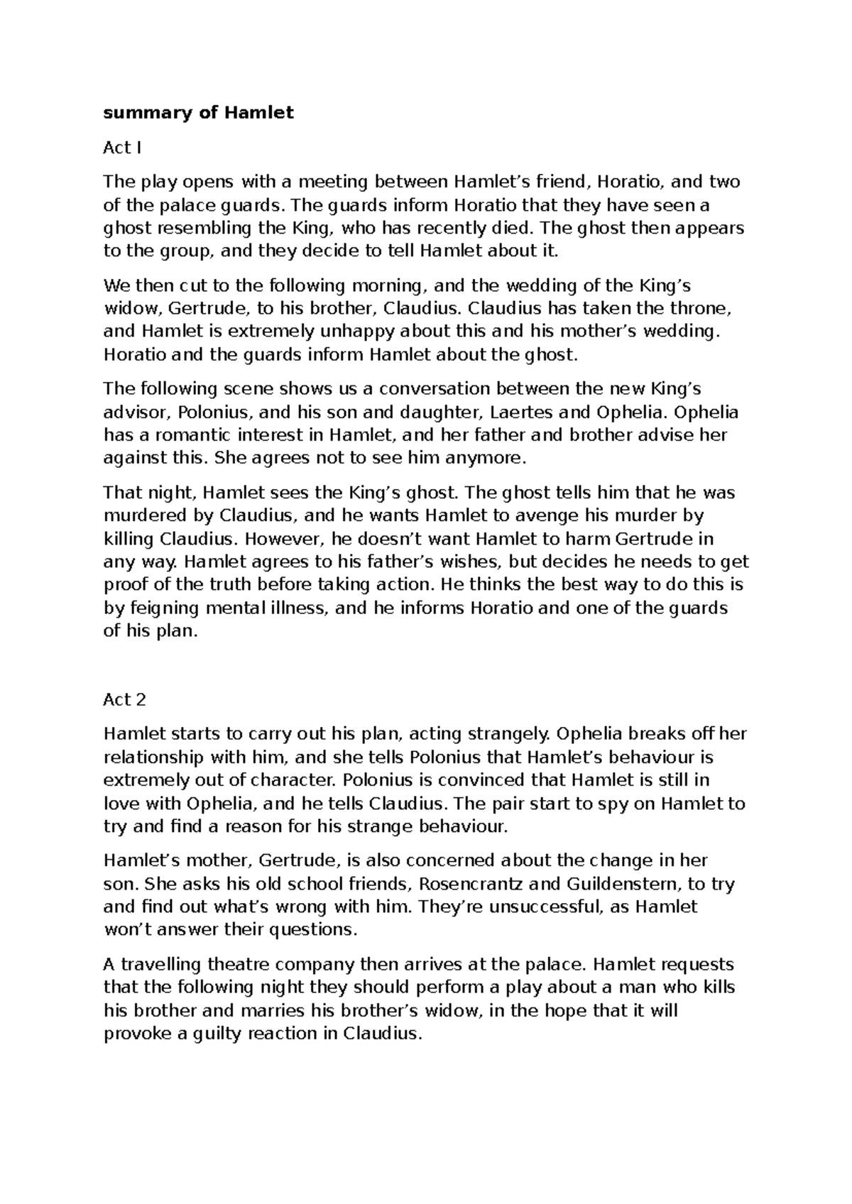 Summary of Hamlet (ENG 101) - Acts I-IV Overview and Analysis - Studocu