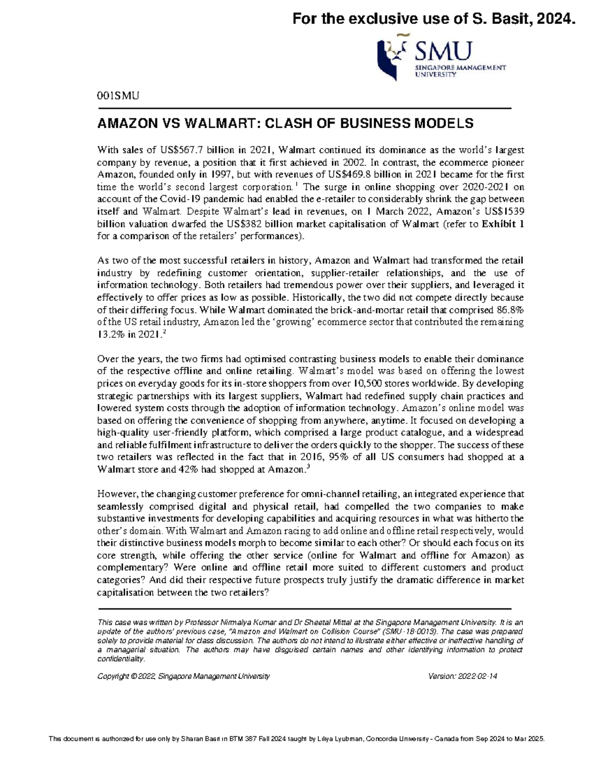 BTM 387 Fall 2024: Amazon vs Walmart - Clash of Business Models Case ...