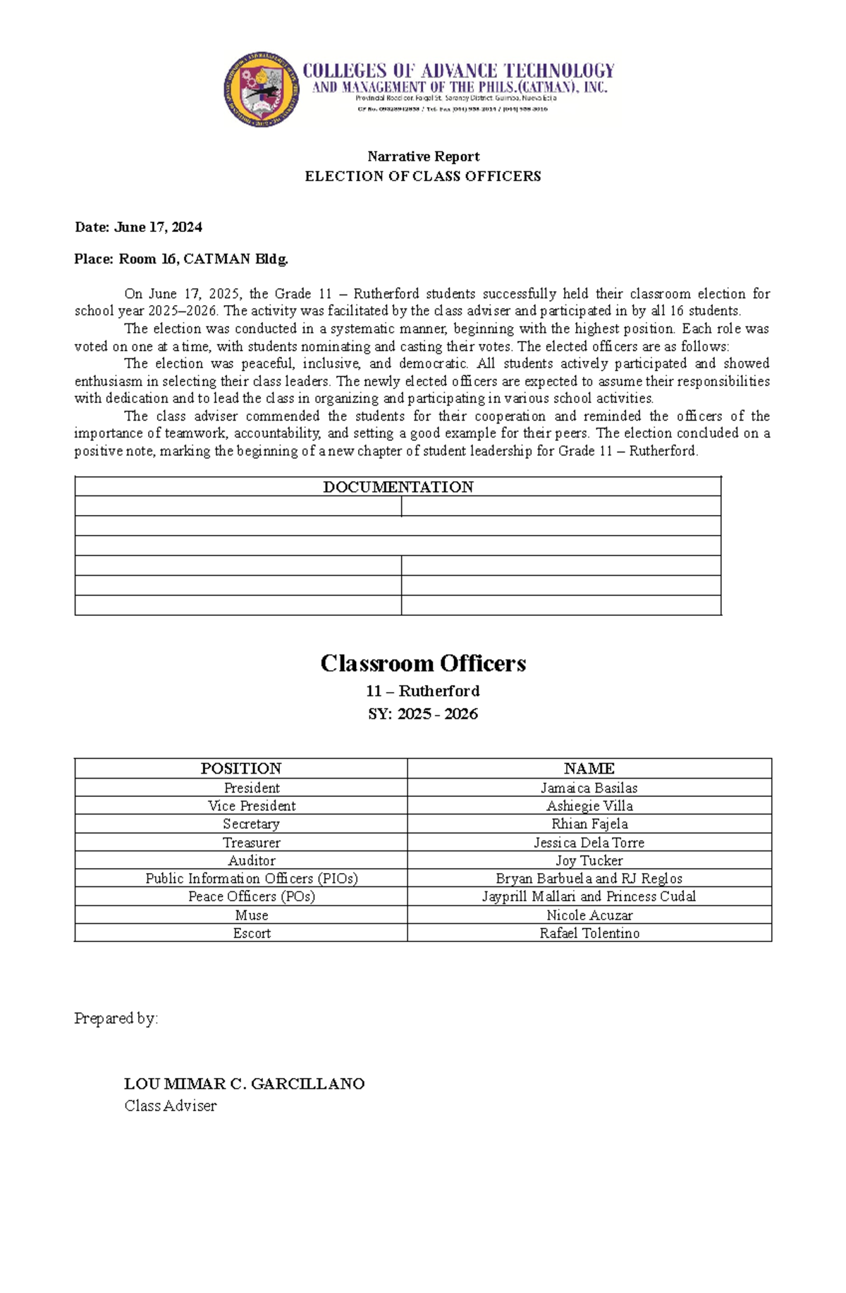 Narrative Report: Election of Class Officers - Grade 11 Rutherford 2025 ...