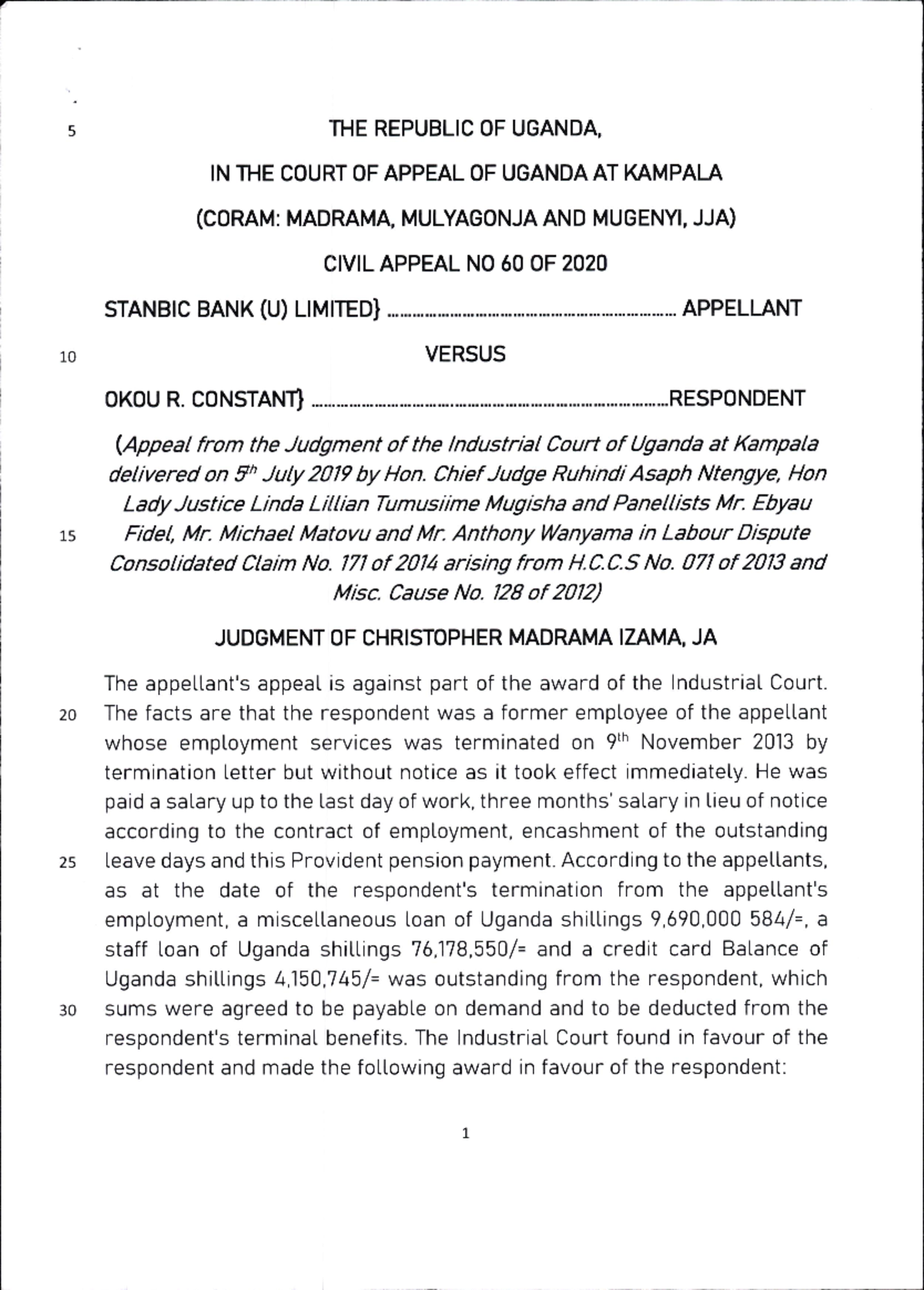 Stanbic Bank (U) Ltd v Okou: Appeal on Employment Termination Award ...
