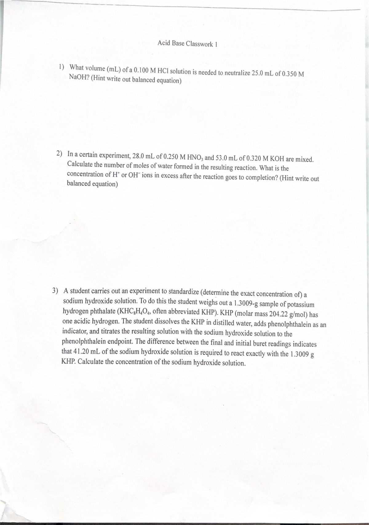 Acid-Base Classwork 1: Neutralization & Titration Calculations - Studocu