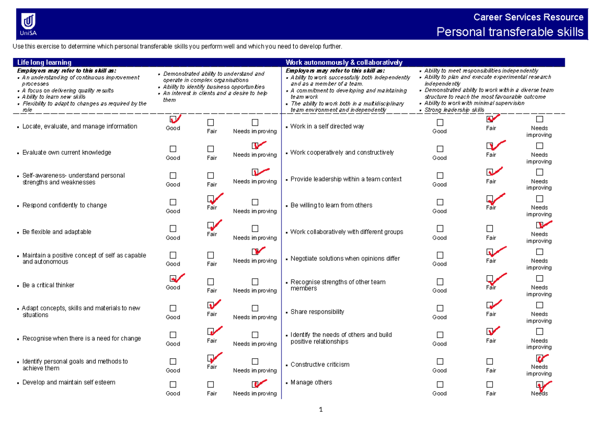 Transferrable Skills Assessment Worksheet for Career Services Resource ...