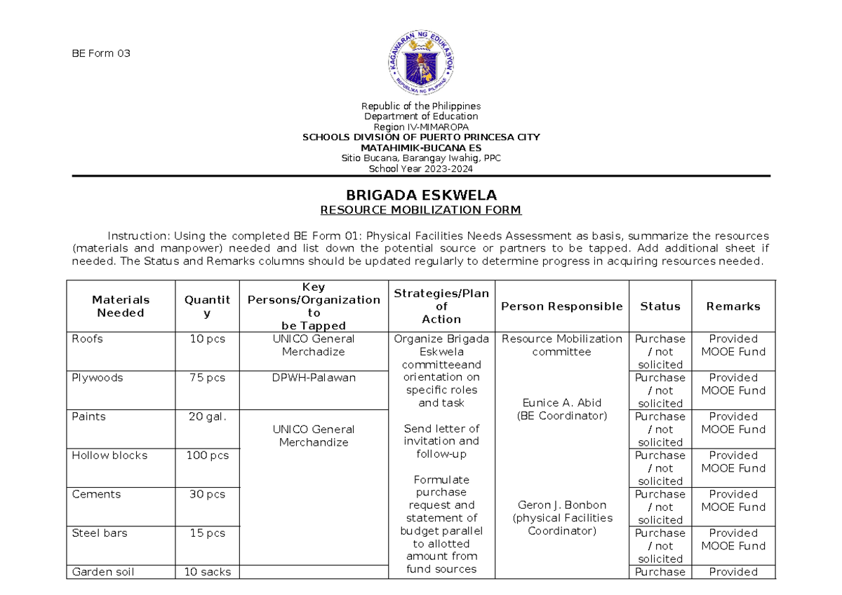 BE Form 3 Resource Mobilization FORM A4 1 - BE Form 03 Republic of the ...