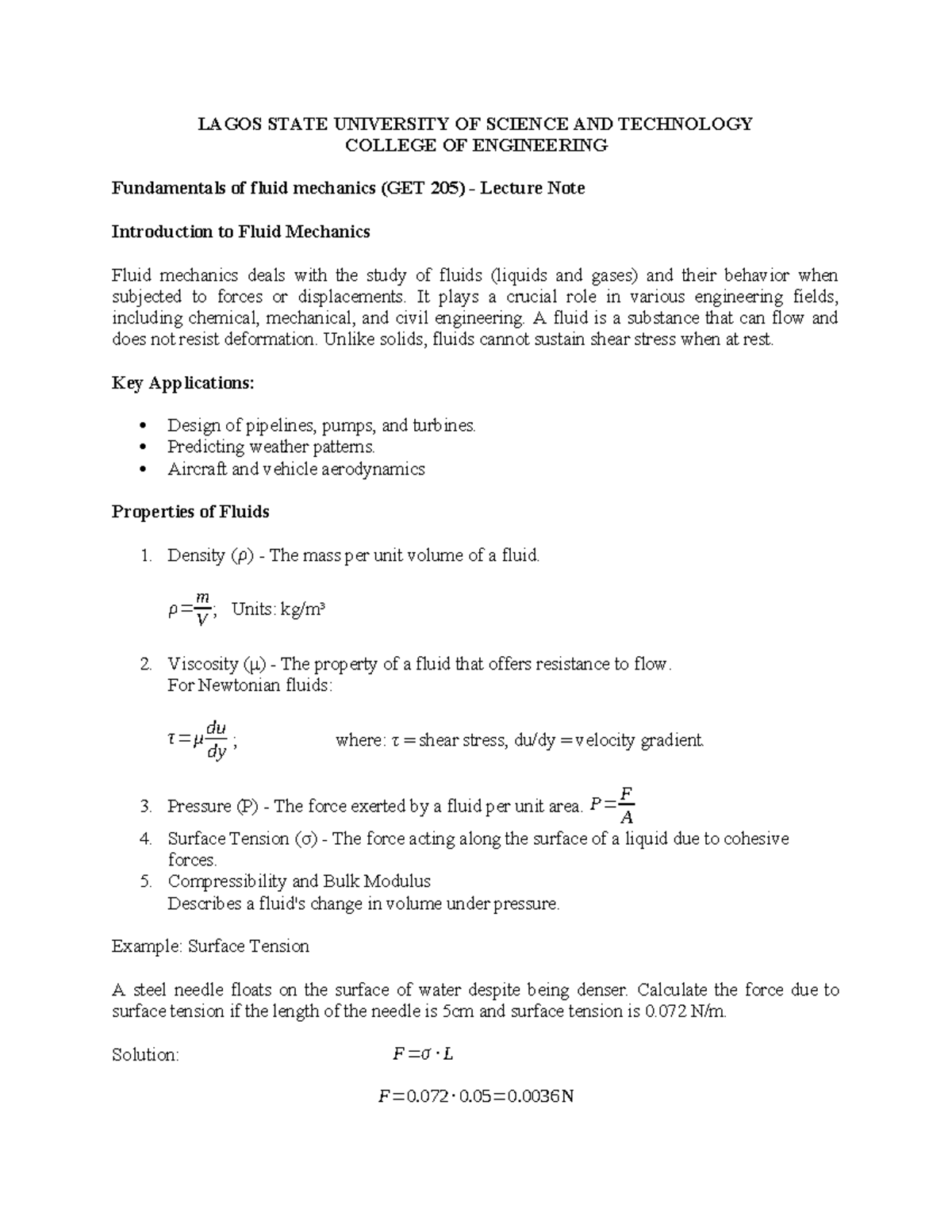 Fundamentals of Fluid Mechanics (GET 205) - Lecture Notes Overview ...