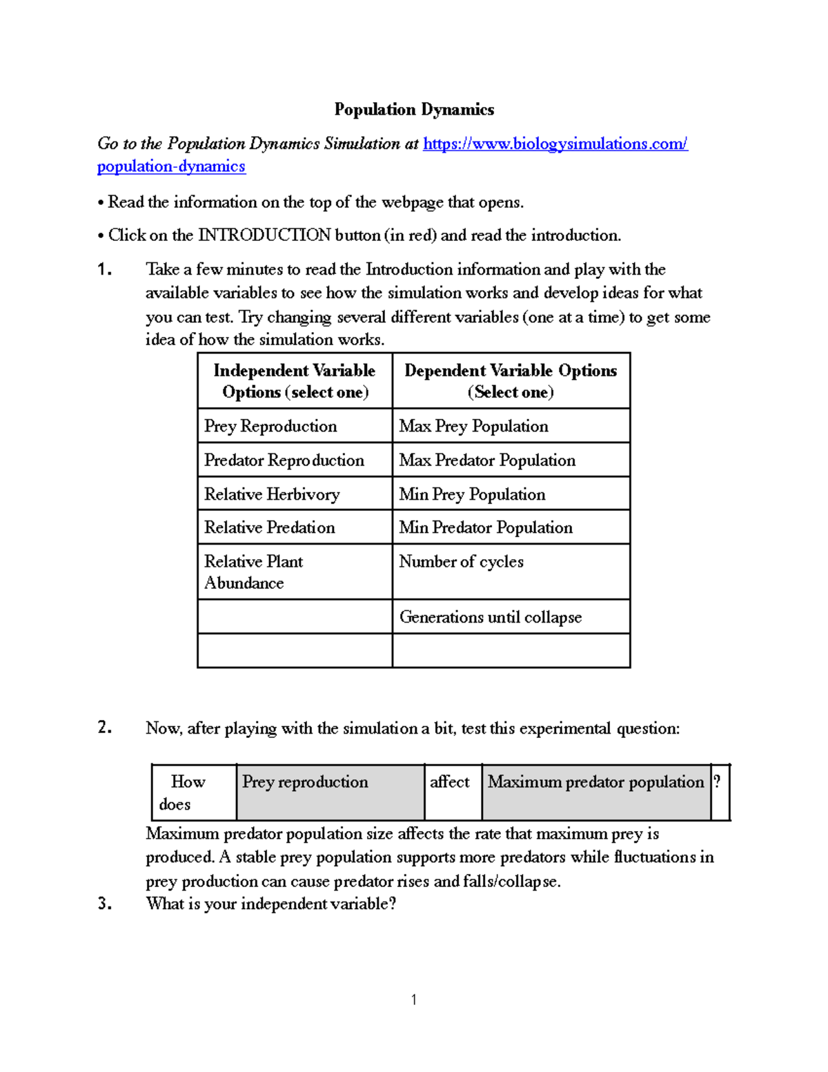 Population Dynamics Simulation Lab: Experimental Questions & Results - Studocu