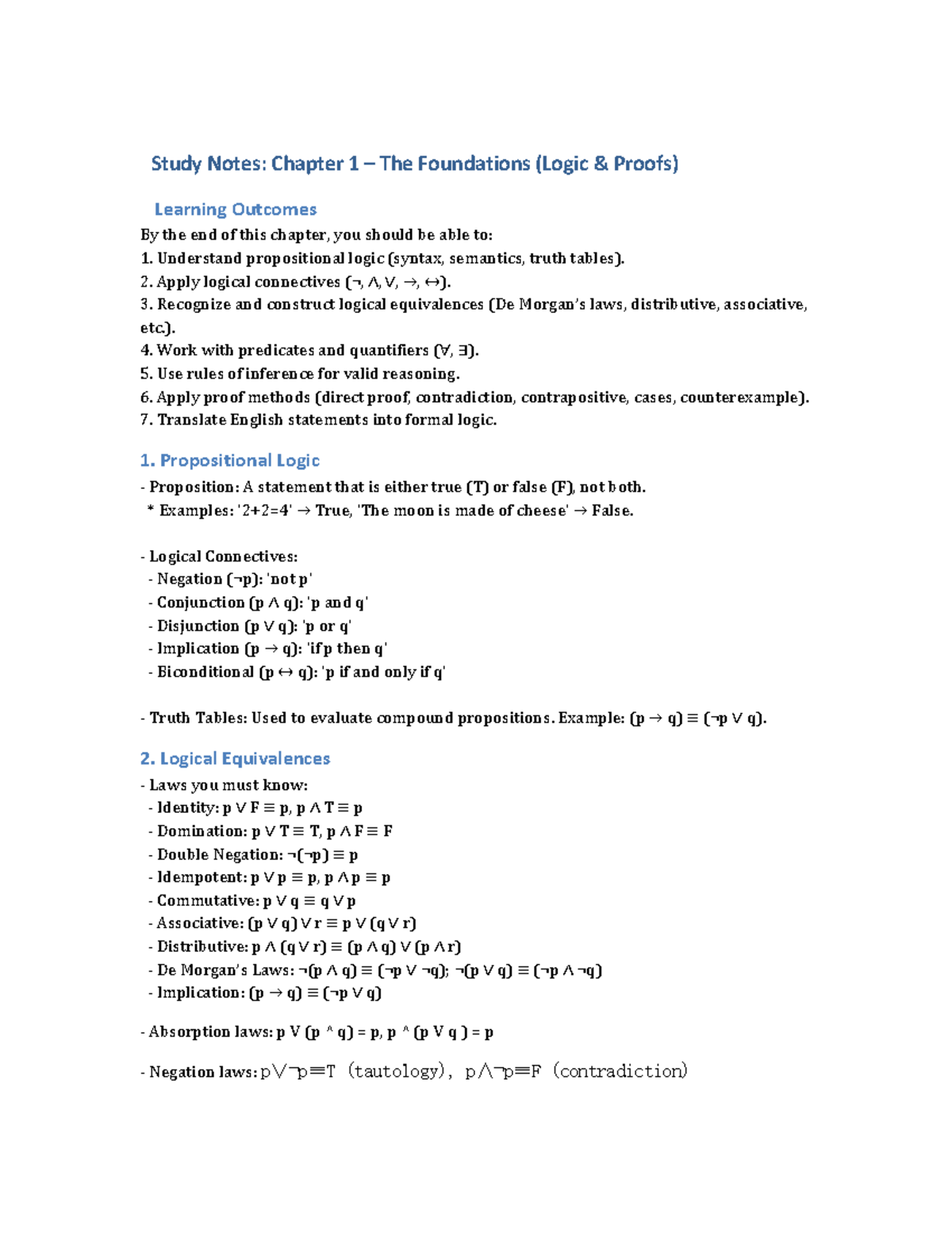 Maths 511: Chapter 1 Study Notes on Logic Proofs and Outcomes - Studocu