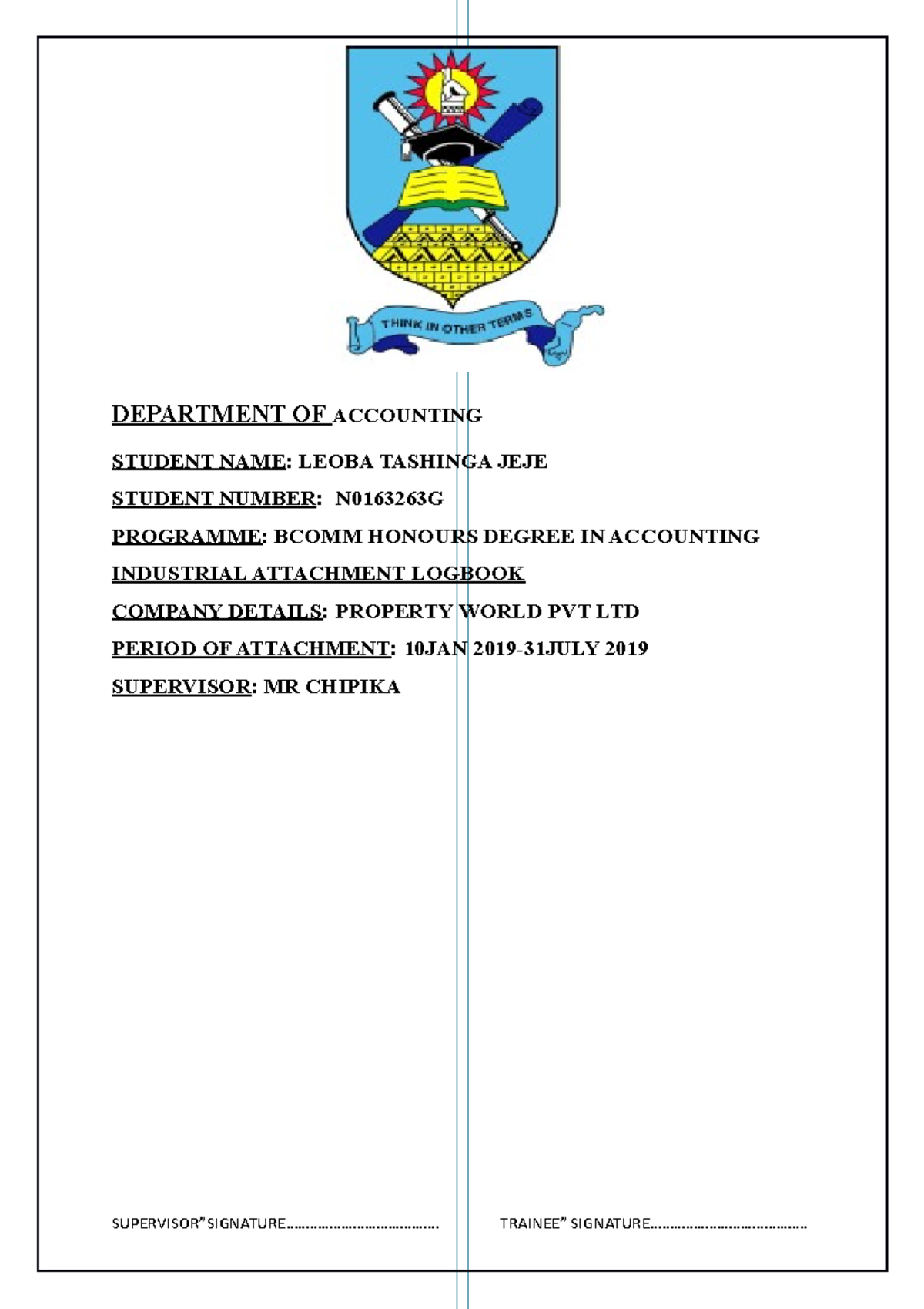 BCOMM HONS ACCOUNTING Industrial Attachment Logbook - Leoba T. Jeje ...