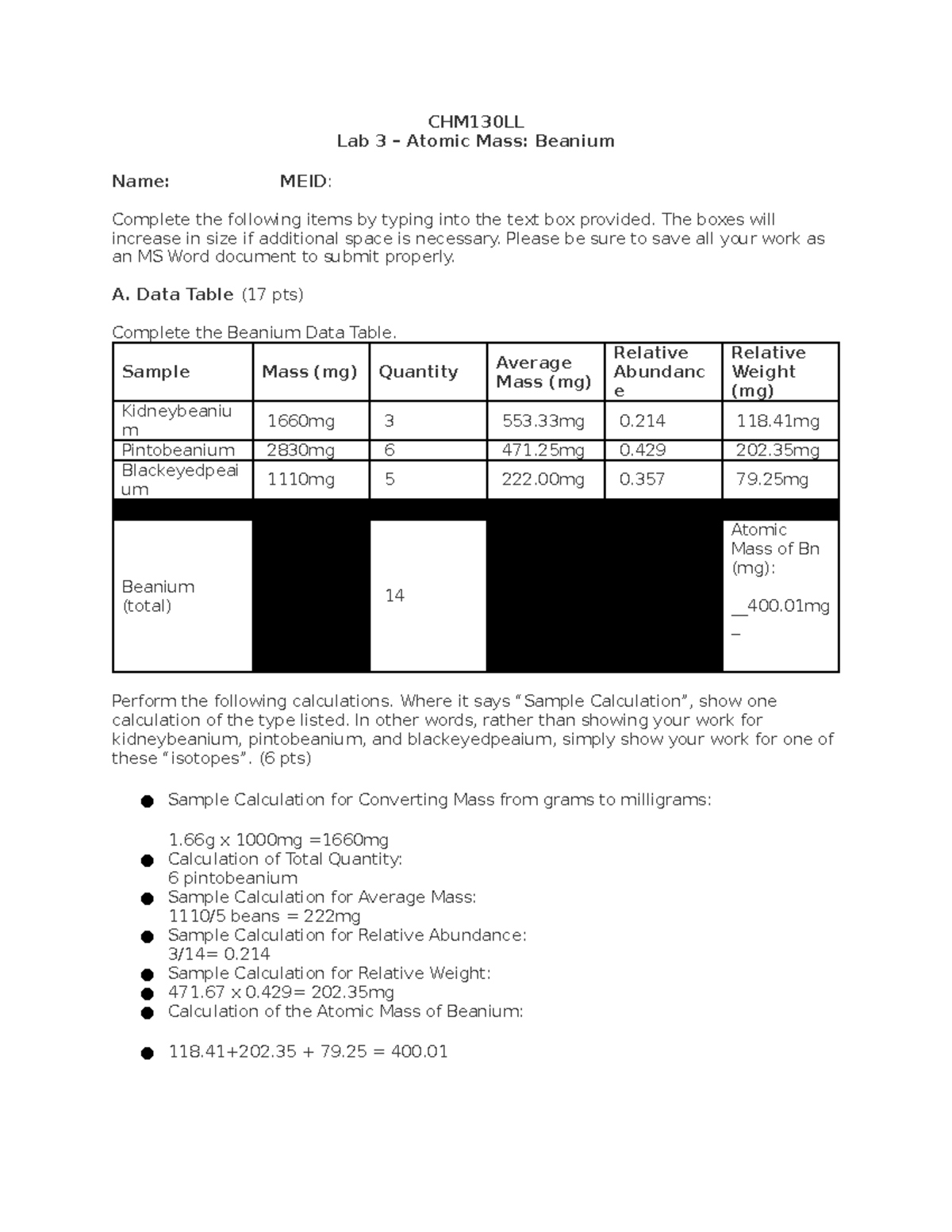 Lab 3 Report: Atomic Mass of Beanium - CHM130LL - Studocu