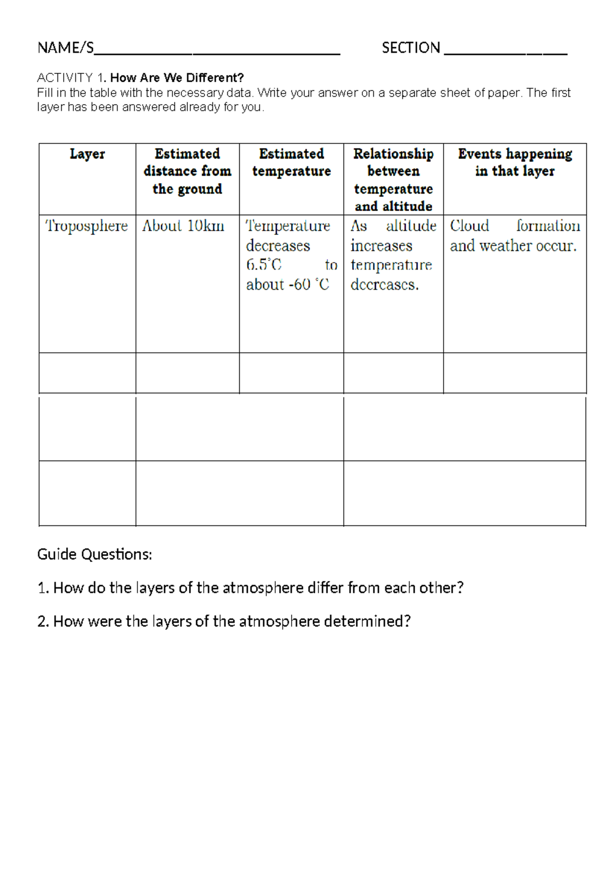Activities on Layers of the Atmosphere: Section Activities & Crossword ...