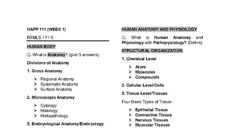 HAPP 111 WEEK 1: Intro to Human Anatomy & Physiology Concepts - Studocu