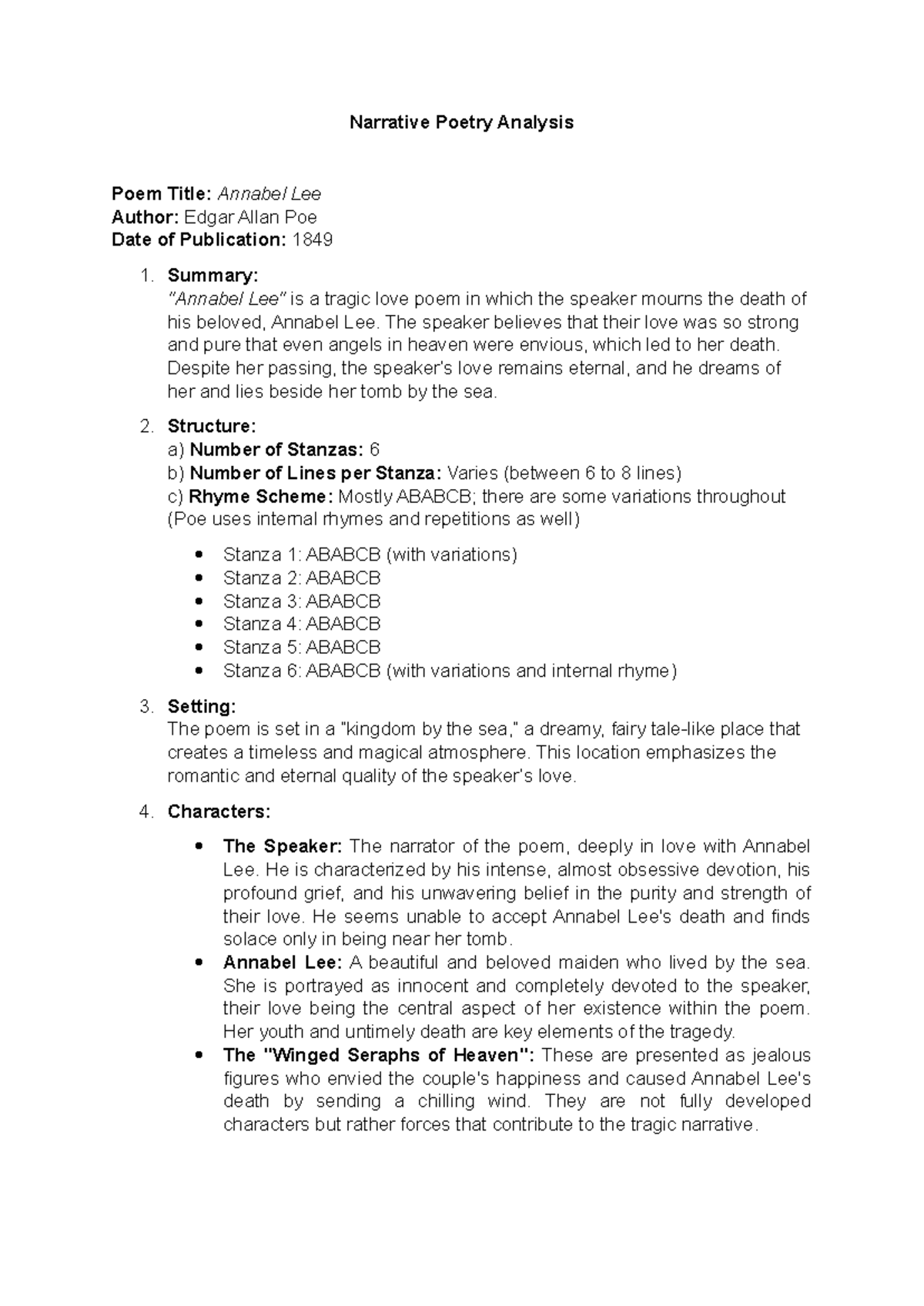 SP ENG 307: Narrative Poetry Analysis of "Annabel Lee" by Edgar Allan ...