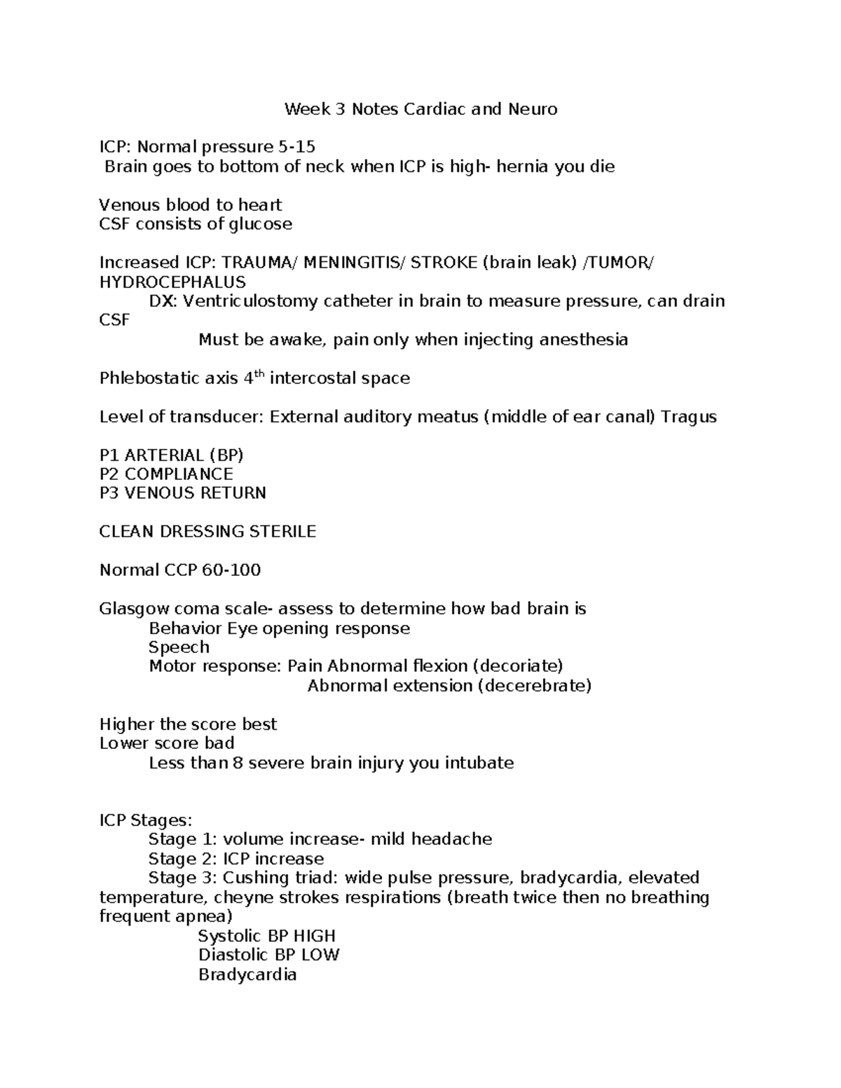 Week 3 Notes Cardiac and Neuro - Week 3 Notes Cardiac and Neuro ICP ...