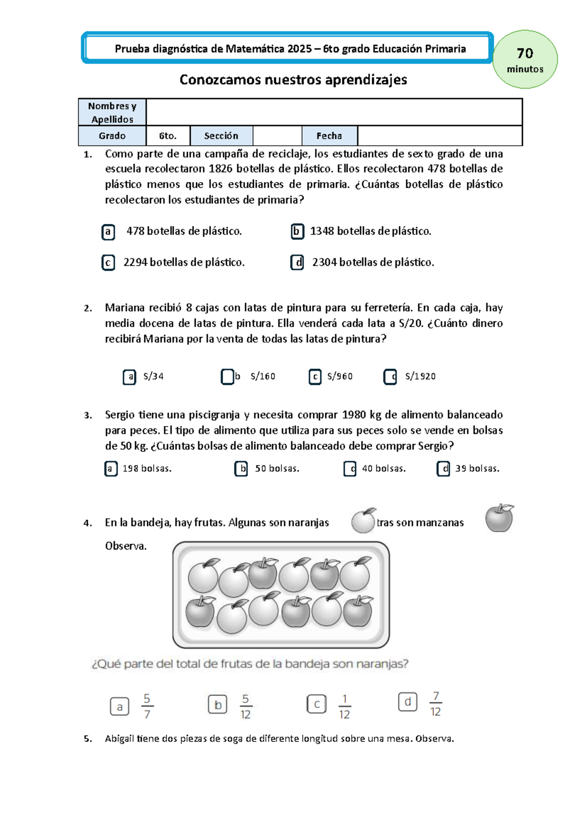 Prueba diagnóstica de Matemática 2025 - 6to Grado Educación Primaria ...