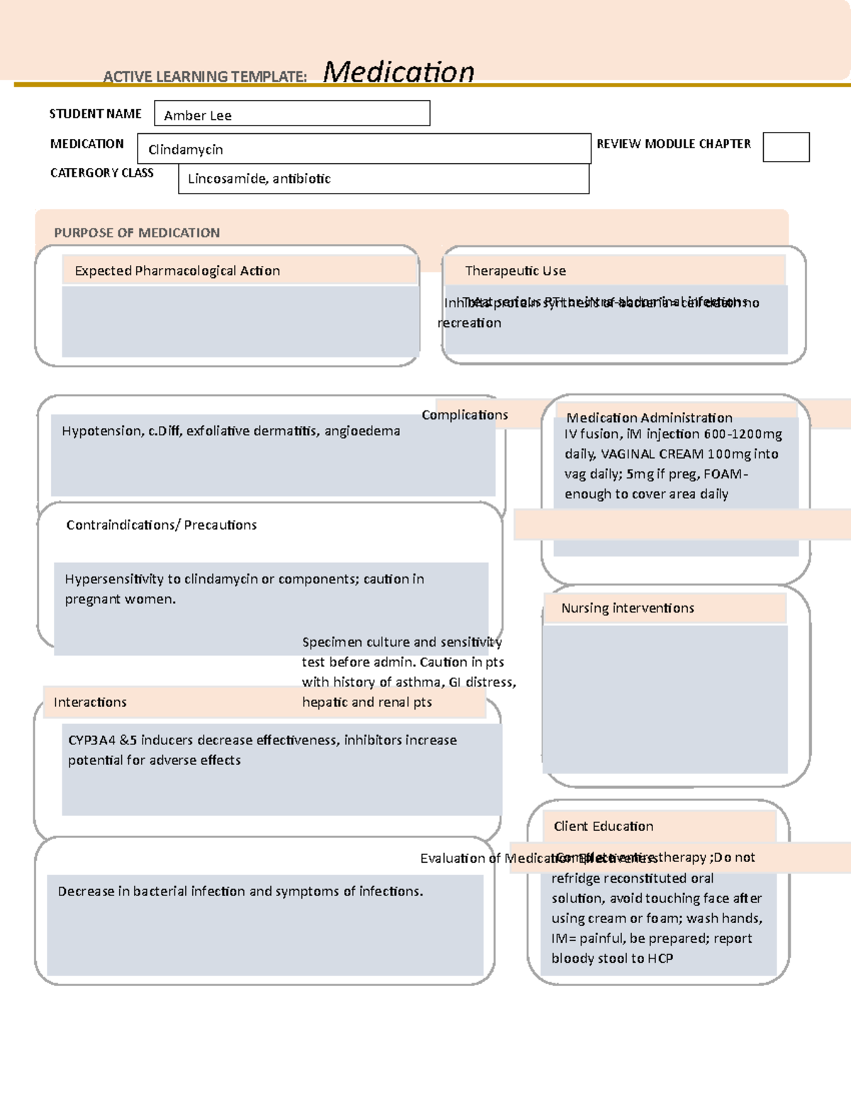 Clindamycin Med Card ATI - ACTIVE LEARNING TEMPLATE: Medication STUDENT ...
