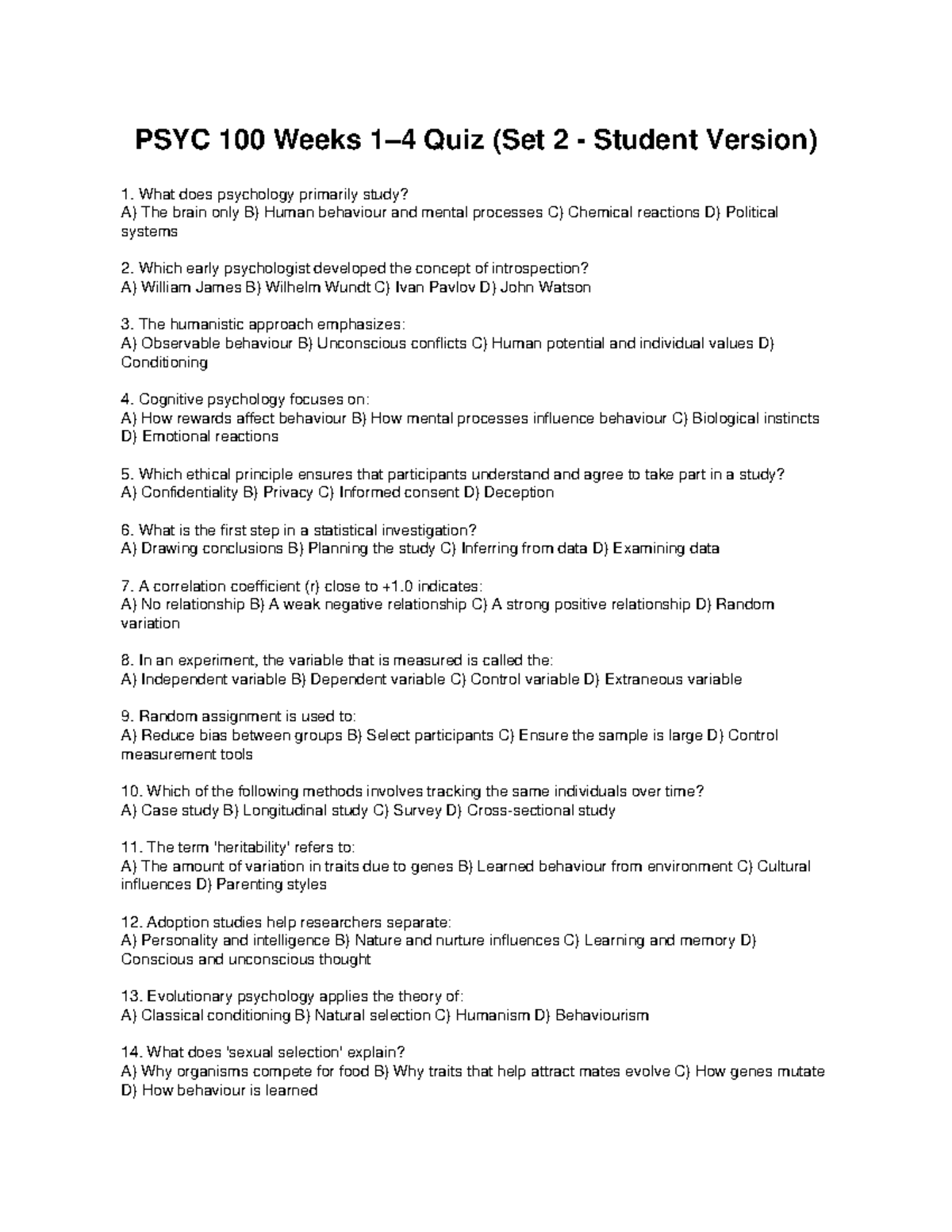 PSYC 100 Weeks 1-4 Quiz 2: Separated Answers and Key Concepts - Studocu