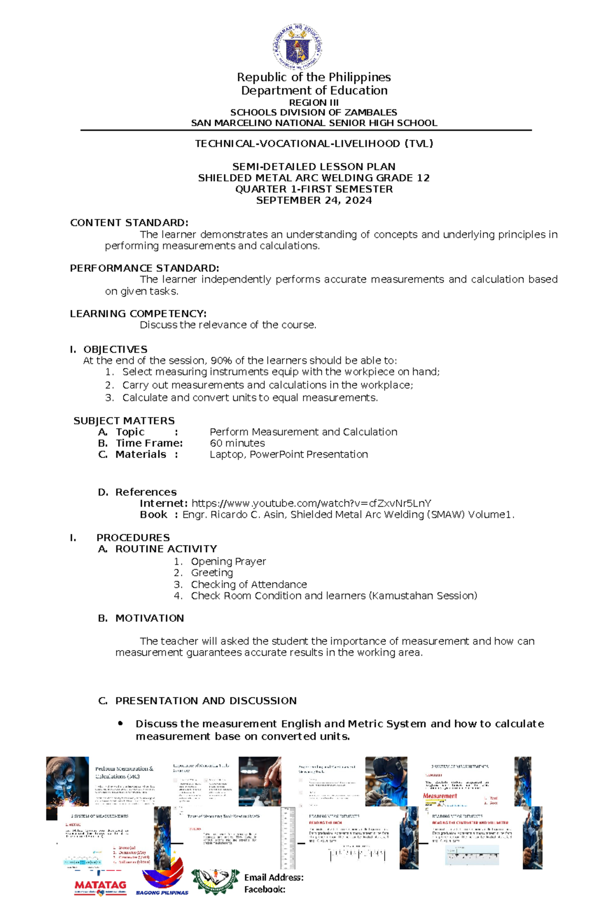 SEMI Detailed Lesson PLAN -SMAW 9 - Address: Contact No.: Email Address ...