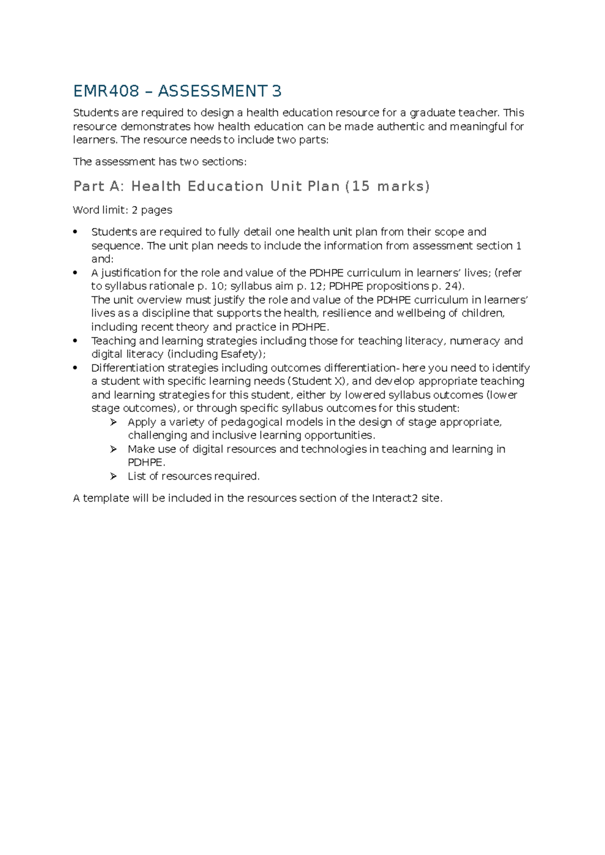 EMR408 Assessment 3: Health Education Unit Plan Design Guide - Studocu