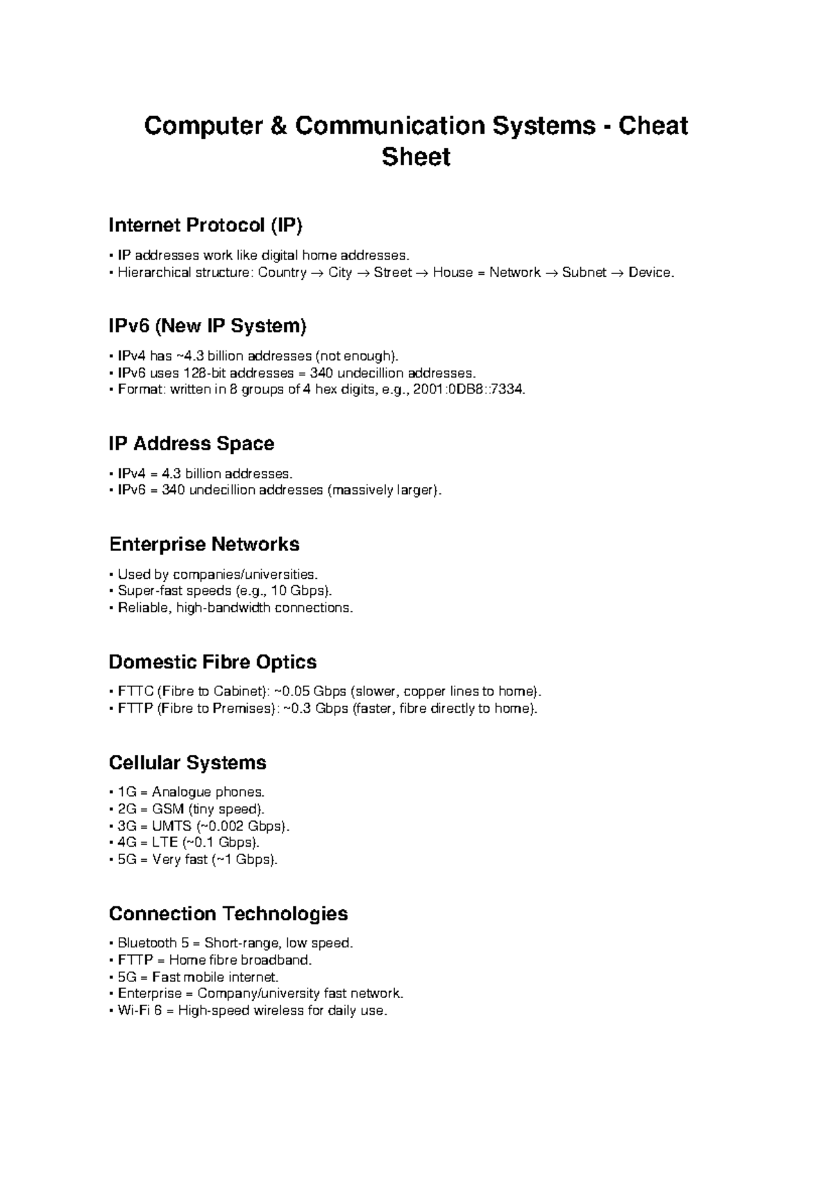 Computer Communication Systems Cheat Sheet: IP & Network Overview - Studocu