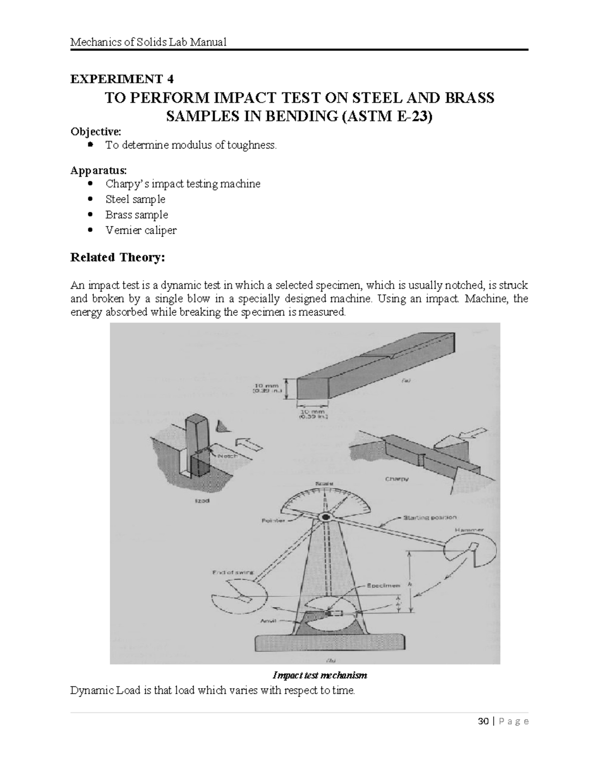 Mechanics of Solids Lab Manual: Impact Test on Steel & Brass Samples ...